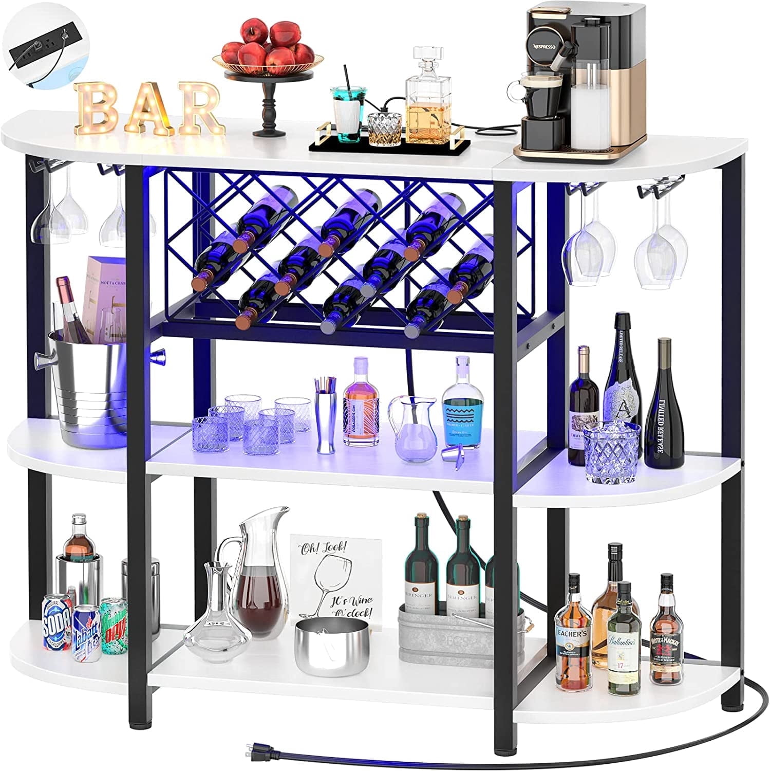 Homieasy 4-Tier Wine Bar Cabinet with Power Outlets & LED Lights, Floor ...