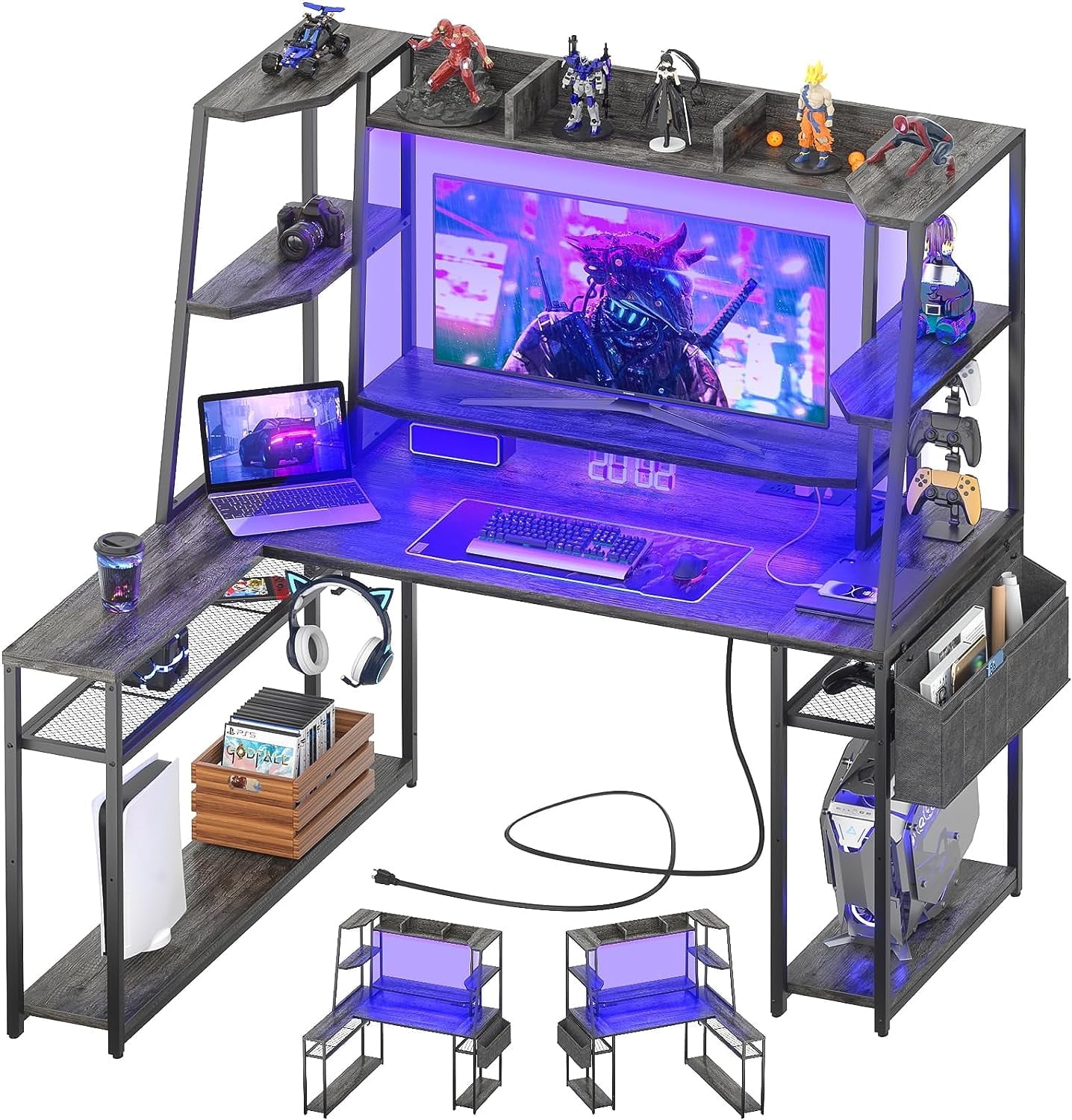 Homieasy 47-inch L-Shaped Gaming Computer Desk with LED Lights & Power ...