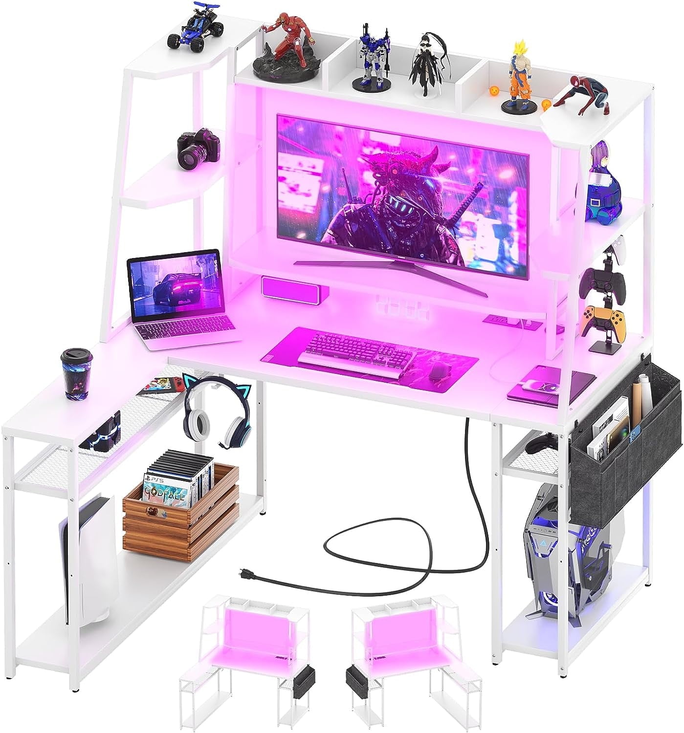 Homieasy 47-inch L-Shaped Gaming Computer Desk with LED Lights & Power ...