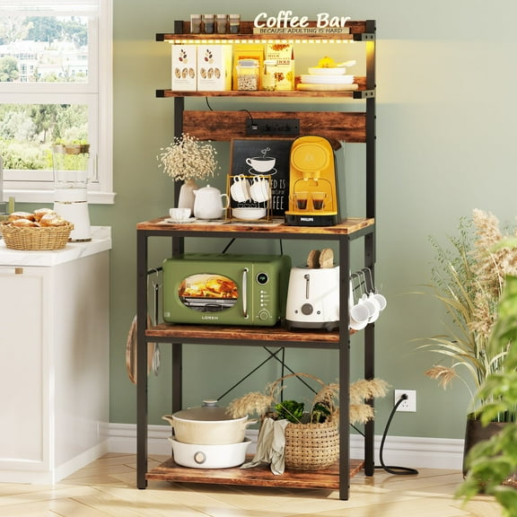 Bakers Rack with Power Outlet and LED Light, Small Coffee Bar Station ...