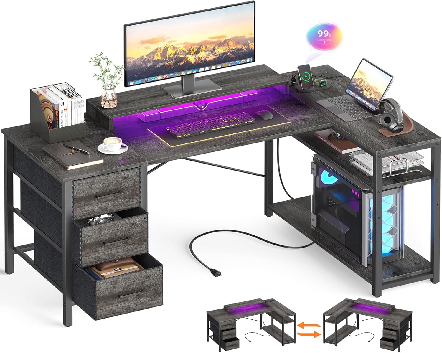 Homieasy 53 Inch Gaming Desk with Power Outlets & LED Lights ...