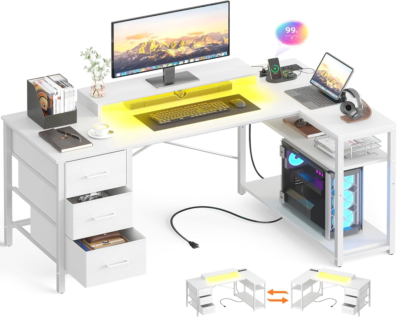 Homieasy 53 Inch Gaming Desk with Power Outlets & LED Lights ...