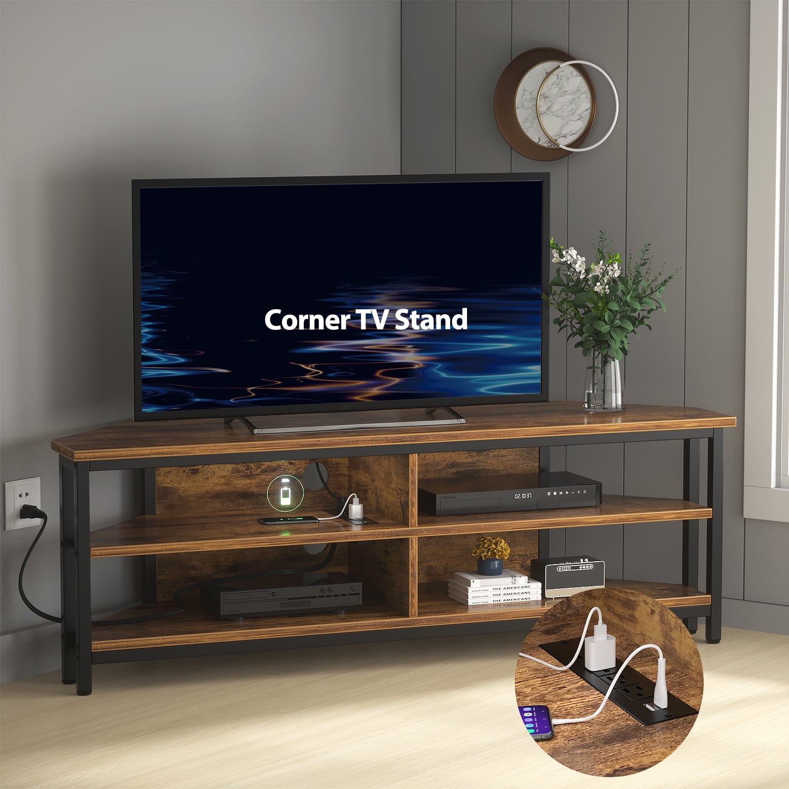 Homieasy 55'' Corner TV Stand with Power Outlet, Corner Entertainment ...