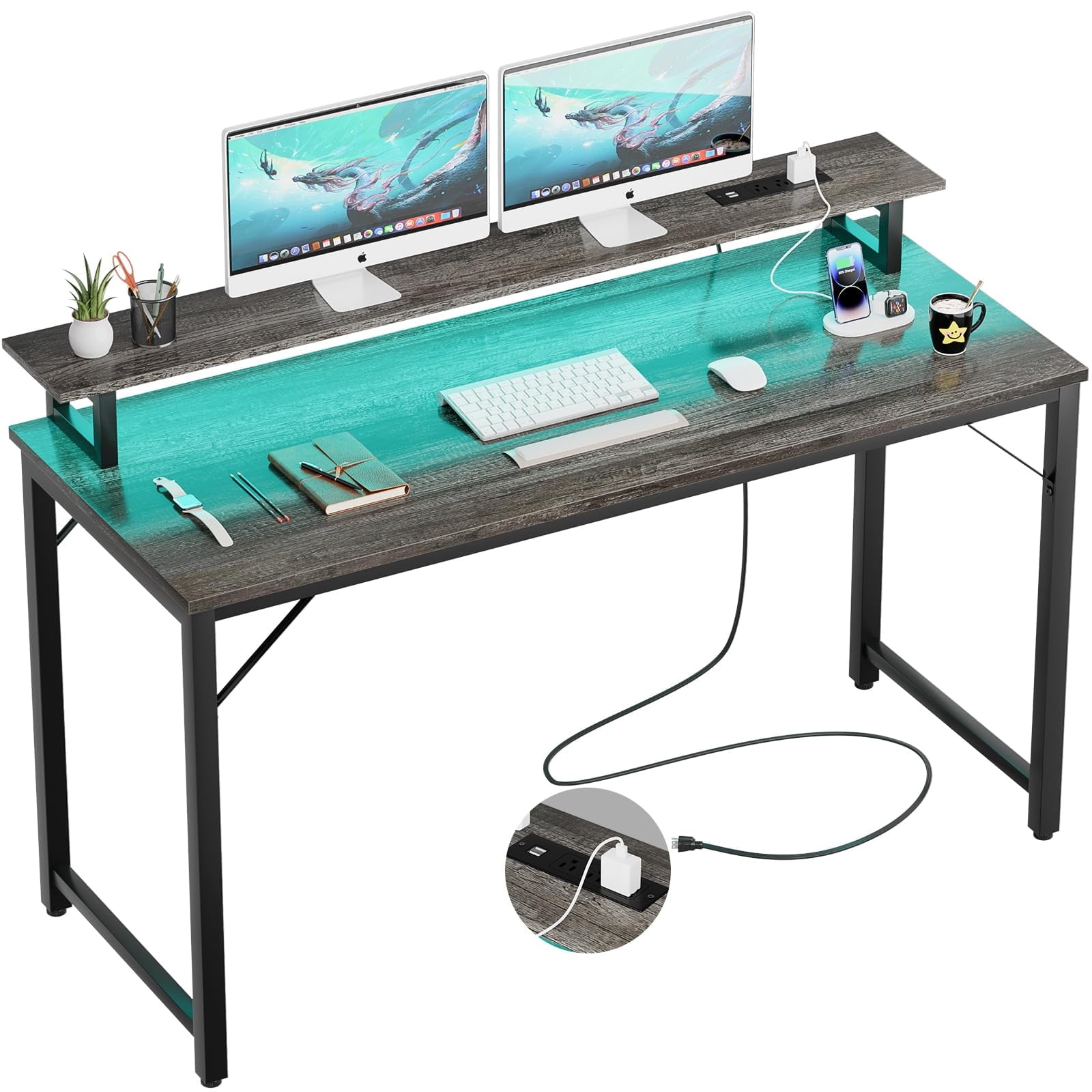 Homieasy 55 inch Computer Desk with Power Outlets, Gaming Desk with LED ...