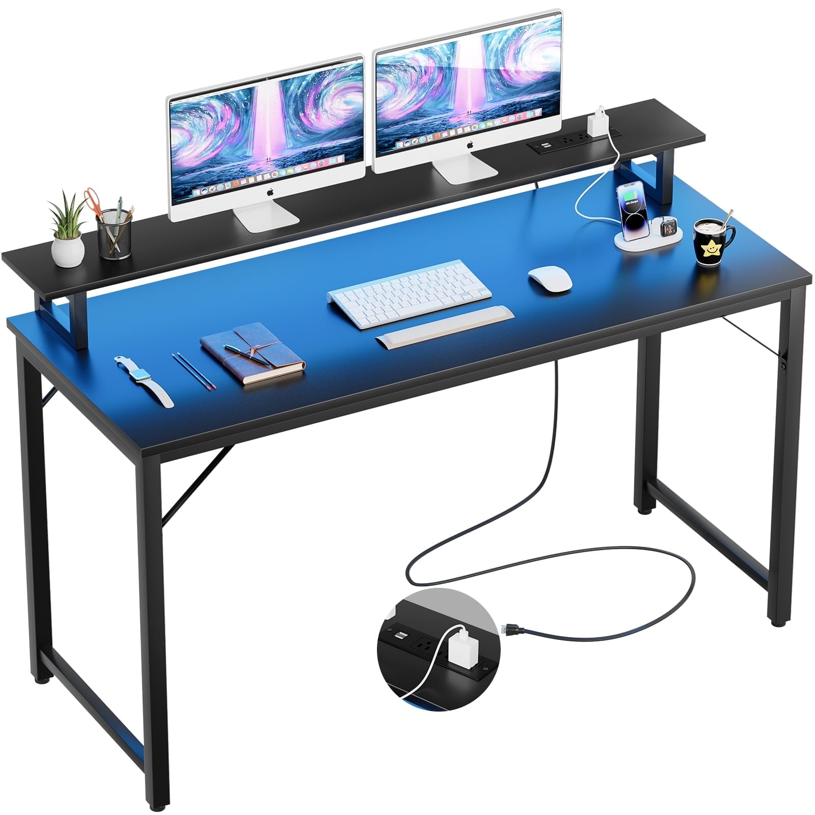 Homieasy 55 inch Computer Desk with Power Outlets, Gaming Desk with LED ...