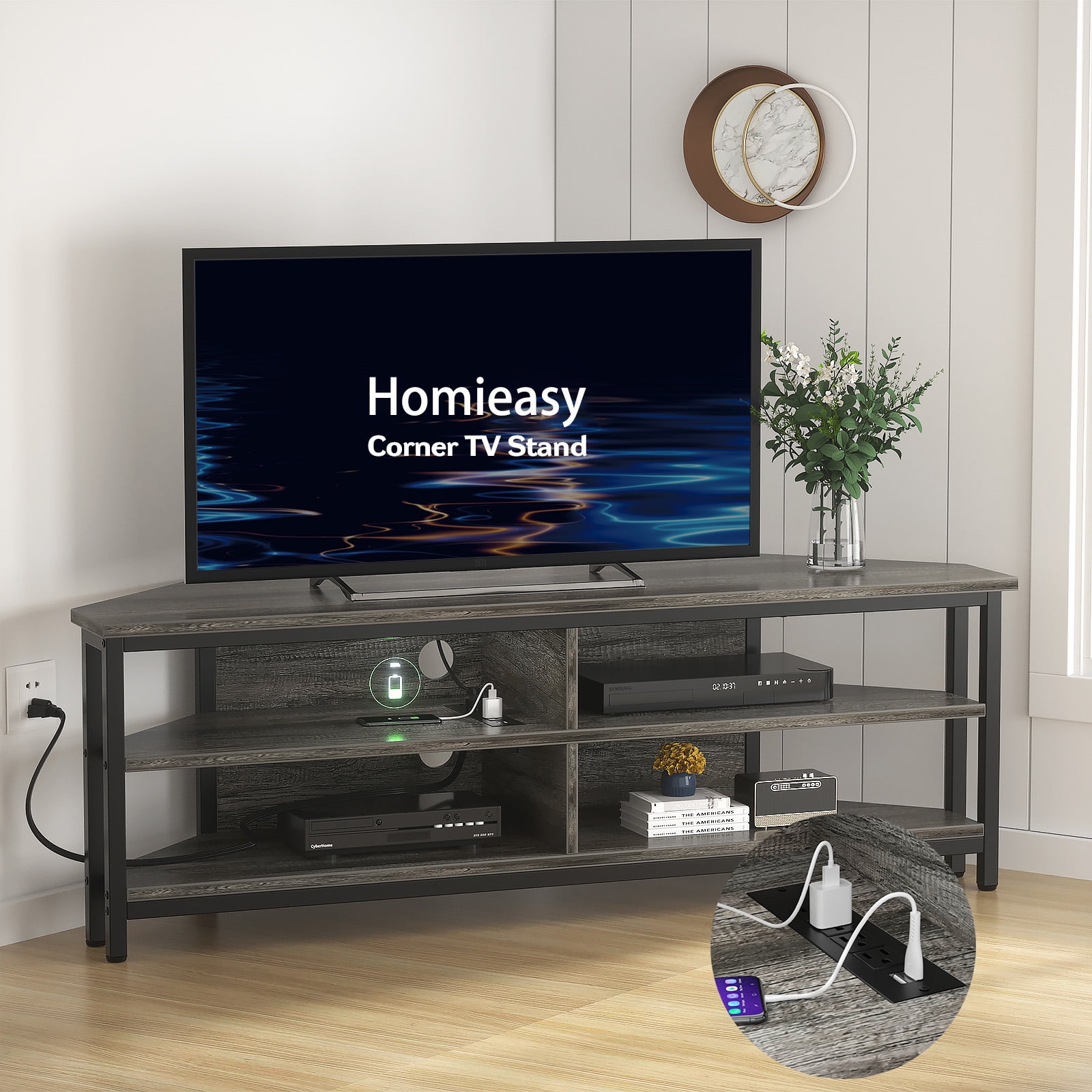 Homieasy 55'' Industrial Corner TV Stand with Power Outlet, 4 Open ...