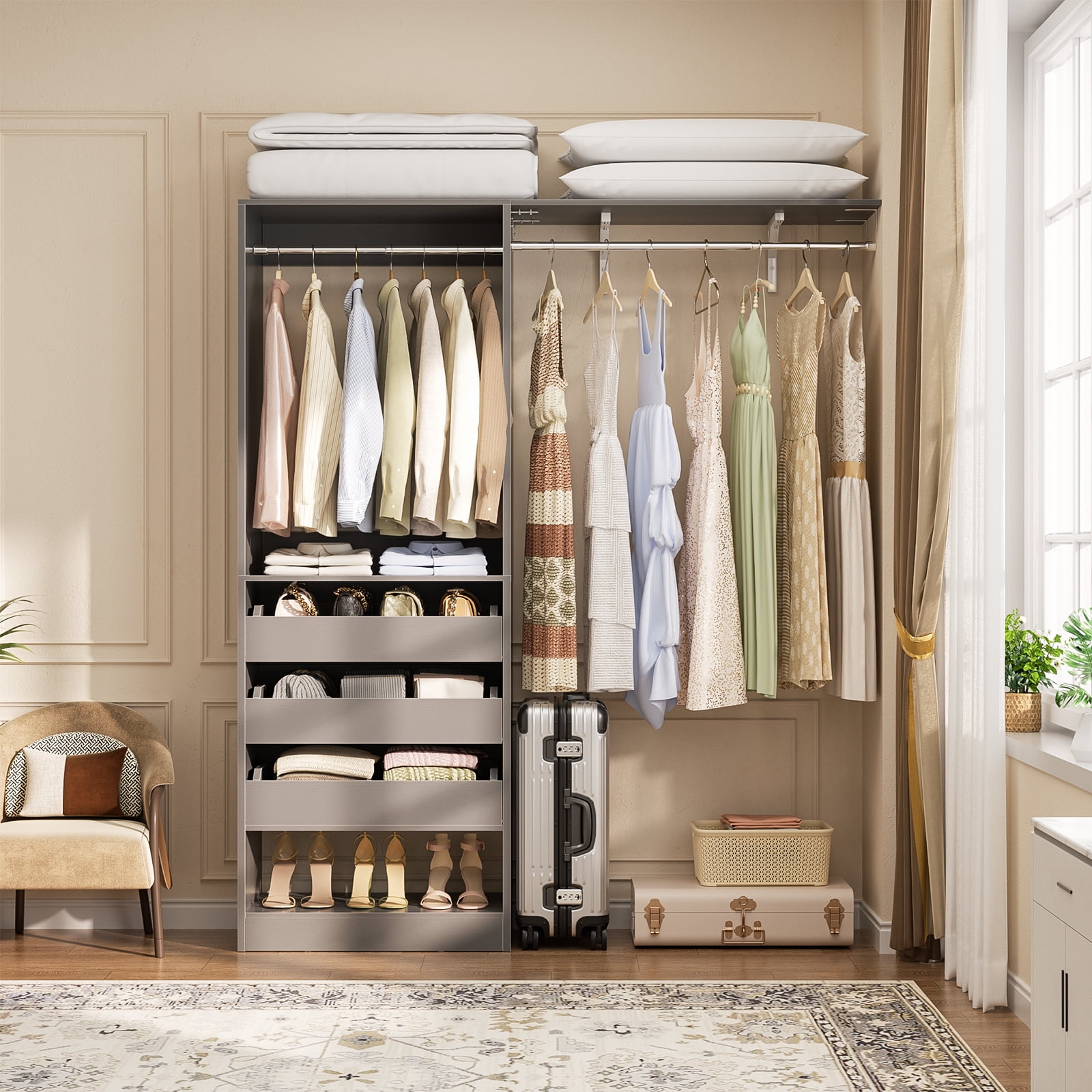 Homieasy 5FT Closet System with 3 Wooden Drawers, 60 inch Walk in ...