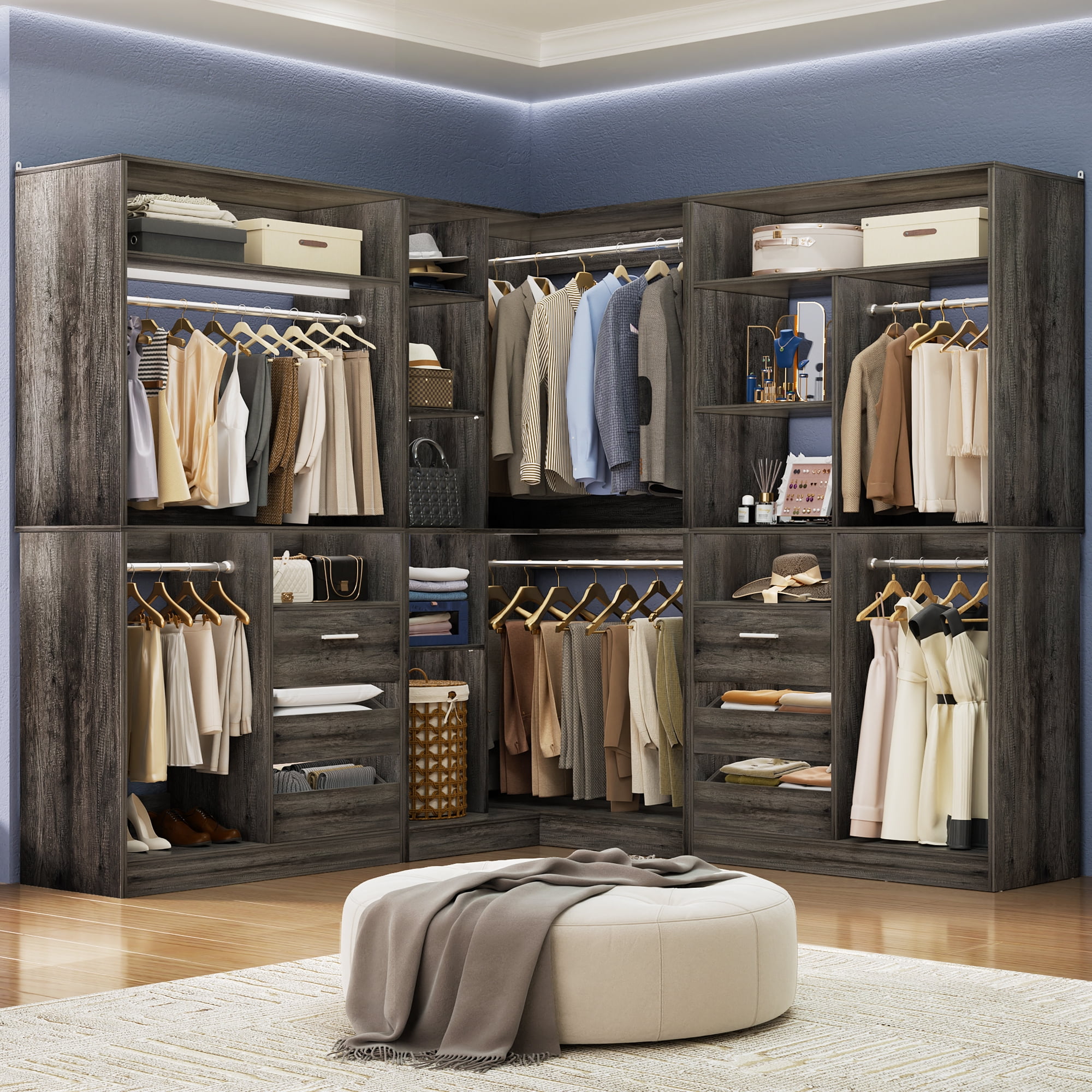 Homieasy 6-9 FT Closet System with Corner, Walk in Closet System with 6 Drawers, 6 Hanging Rods ...