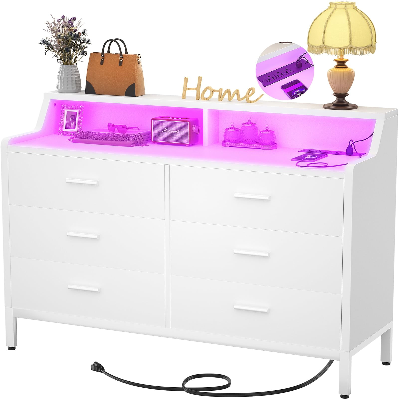 Homieasy Minimalist Solid Wood 6-Drawer Dresser, Power Outlets, LED ...