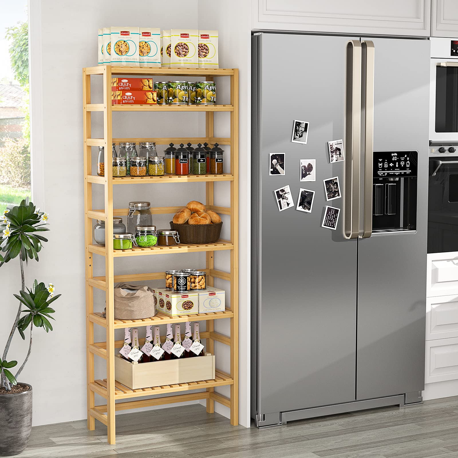 Homieasy 6-Tier Bamboo Bookshelves, 63.4” Adjustable Shelving Shallow ...