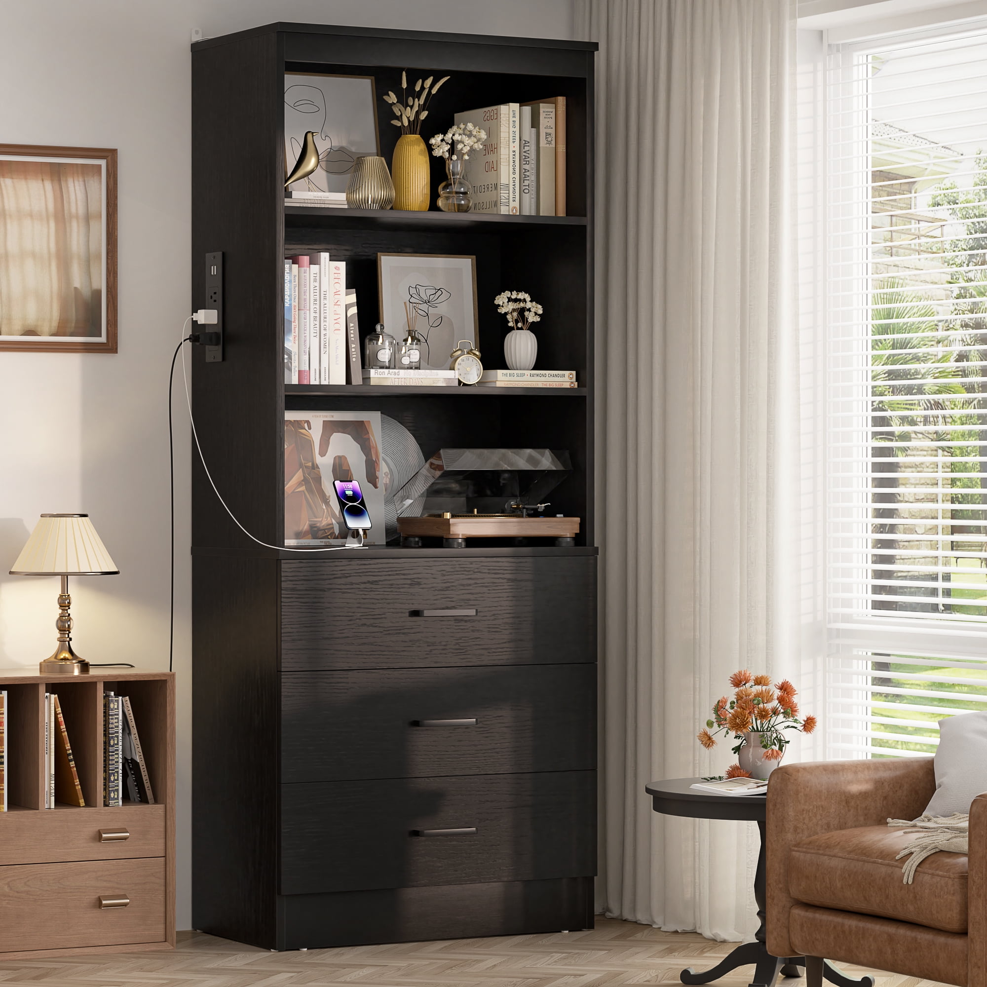 Homieasy 71" Tall Bookcases with 3 Large Drawers & 3 Shelves, Wooden ...