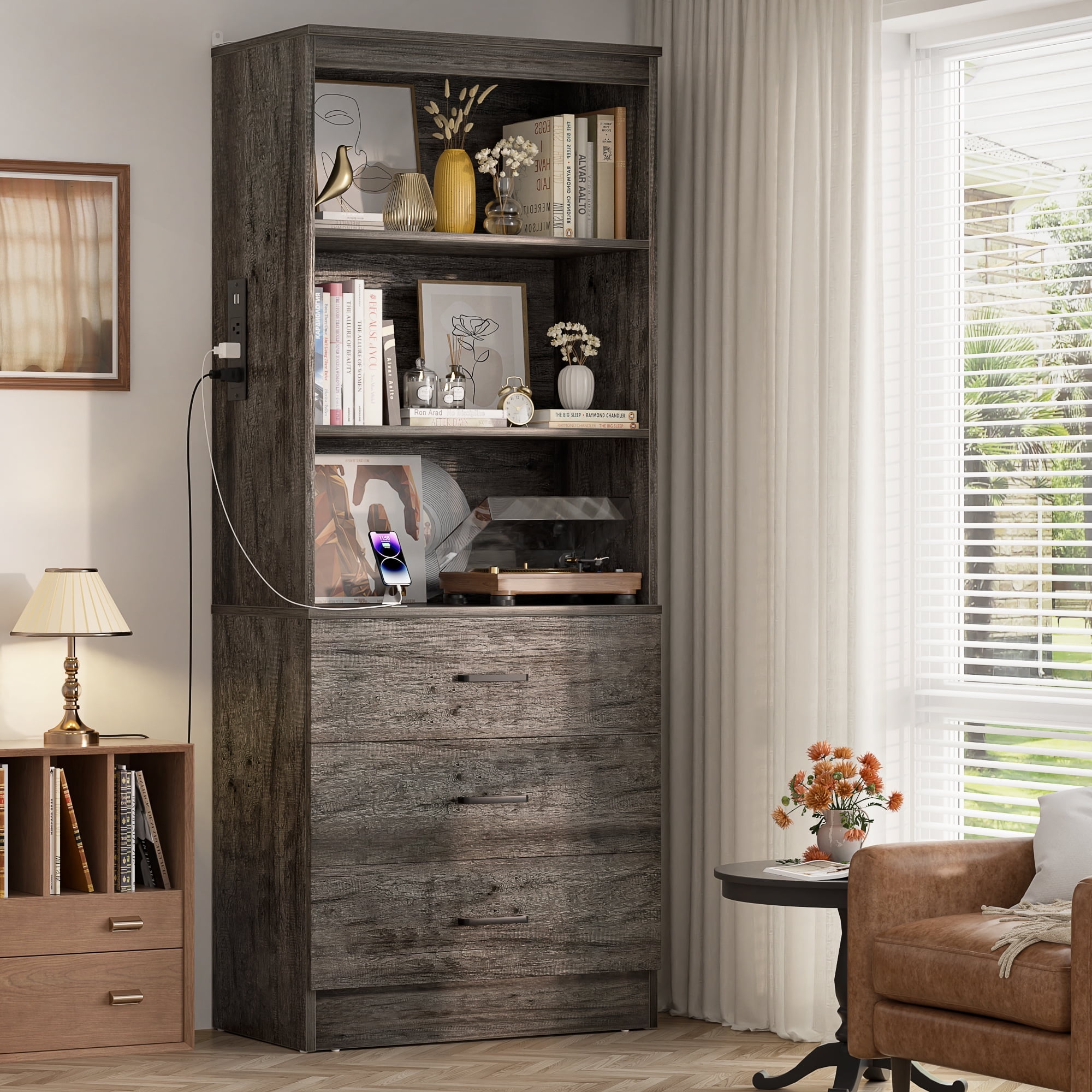 Homieasy 71 Inch Tall Wooden Bookshelf with USB Ports & Outlets, 3 ...