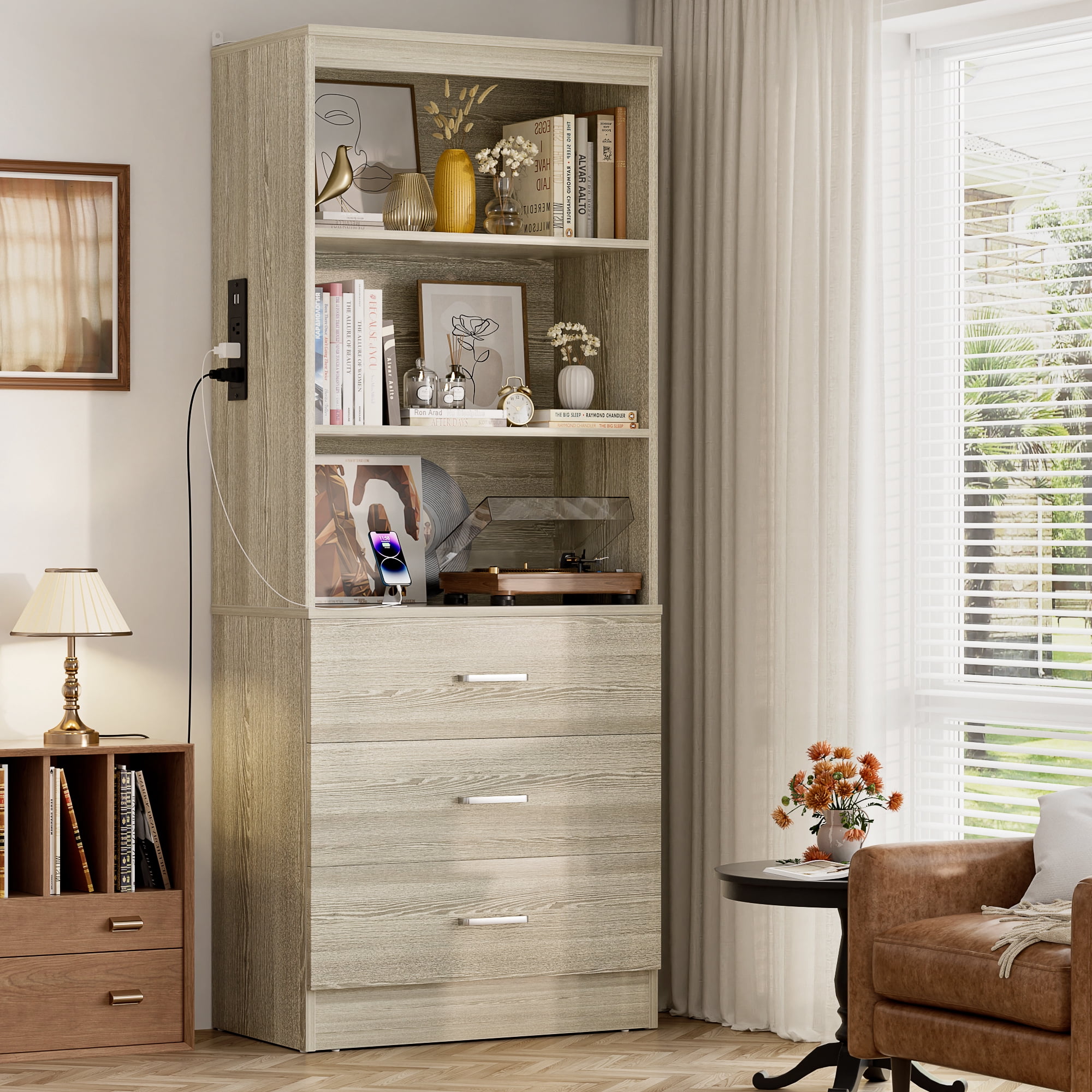 Homieasy 71" Tall Bookcases with 3 Large Drawers & 3 Shelves, Wooden ...