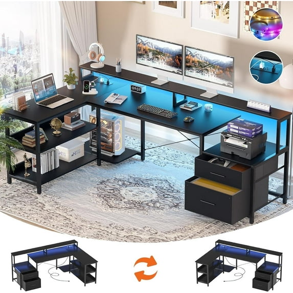 Homieasy L Shaped Desk with File Drawer, 72.8" Reversible L Shaped ...
