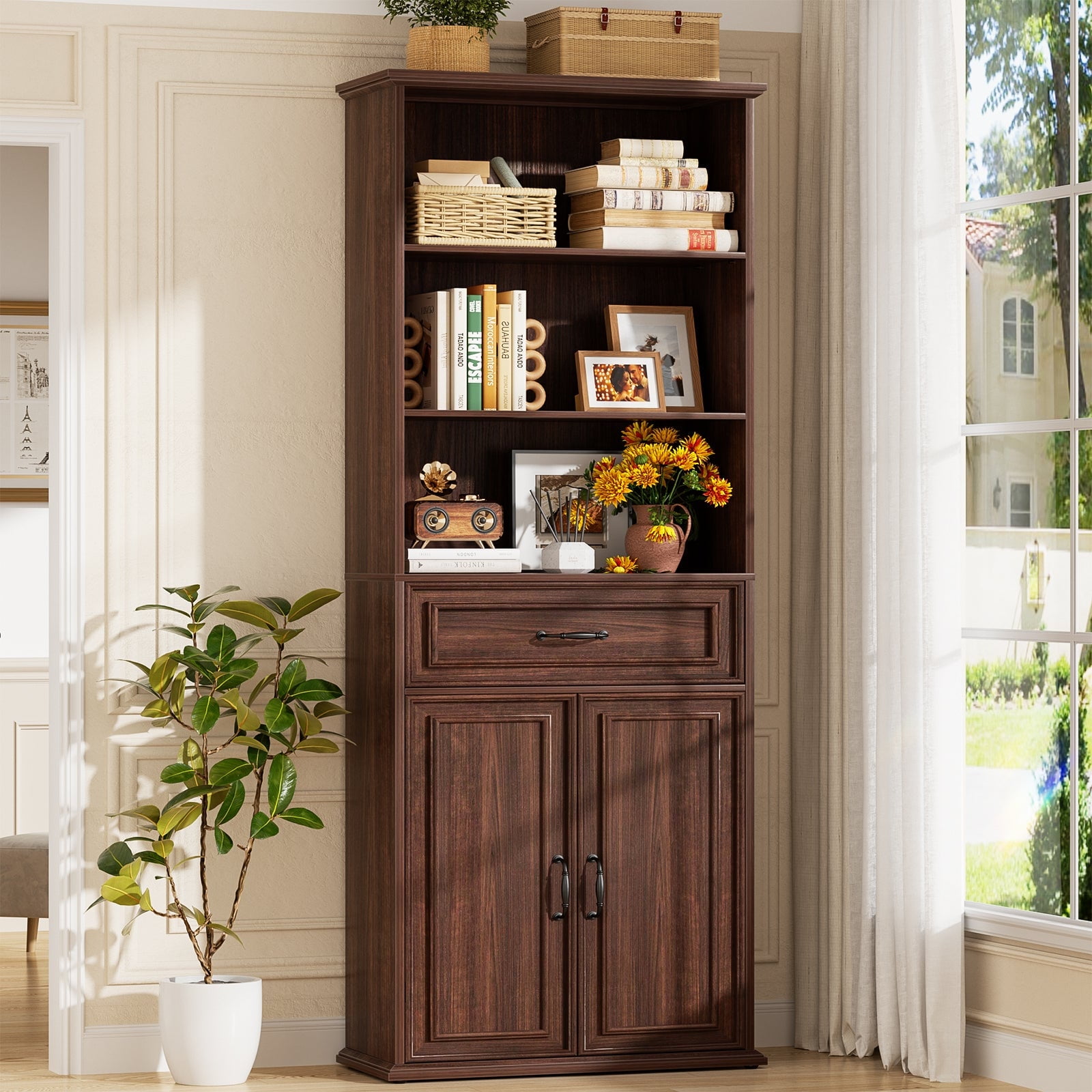 Homieasy 80'' Tall Bookcase with Drawer and Cabinet, Floor Standing ...