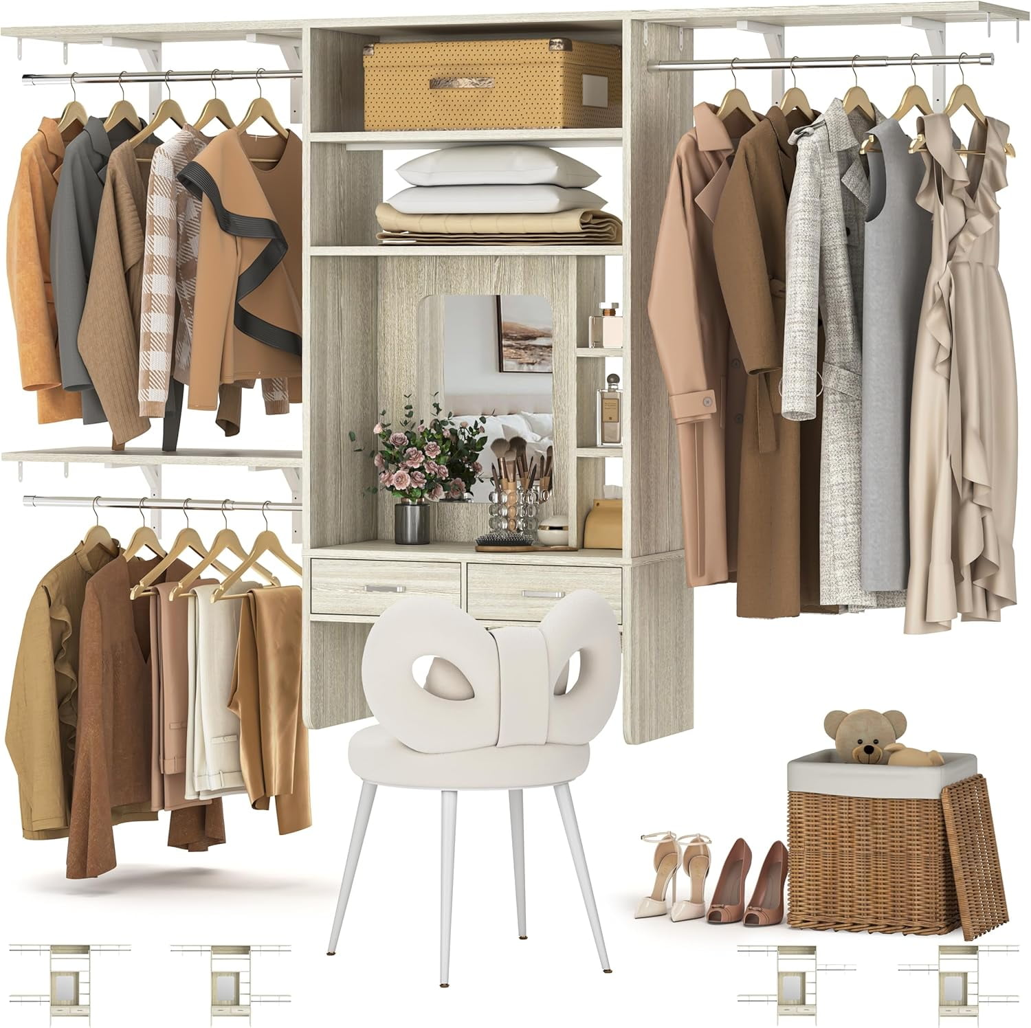 Homieasy 8FT Wall Mounted Closet System with Vanity Desk, 96'' Walk In ...