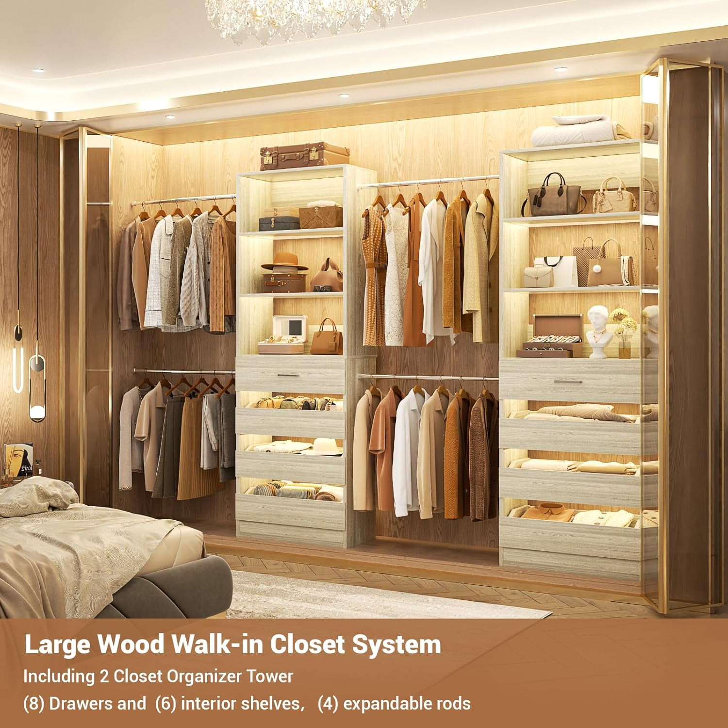 Homieasy Adjustable Closet Organizer System (6-15Ft) with 8 Wooden ...