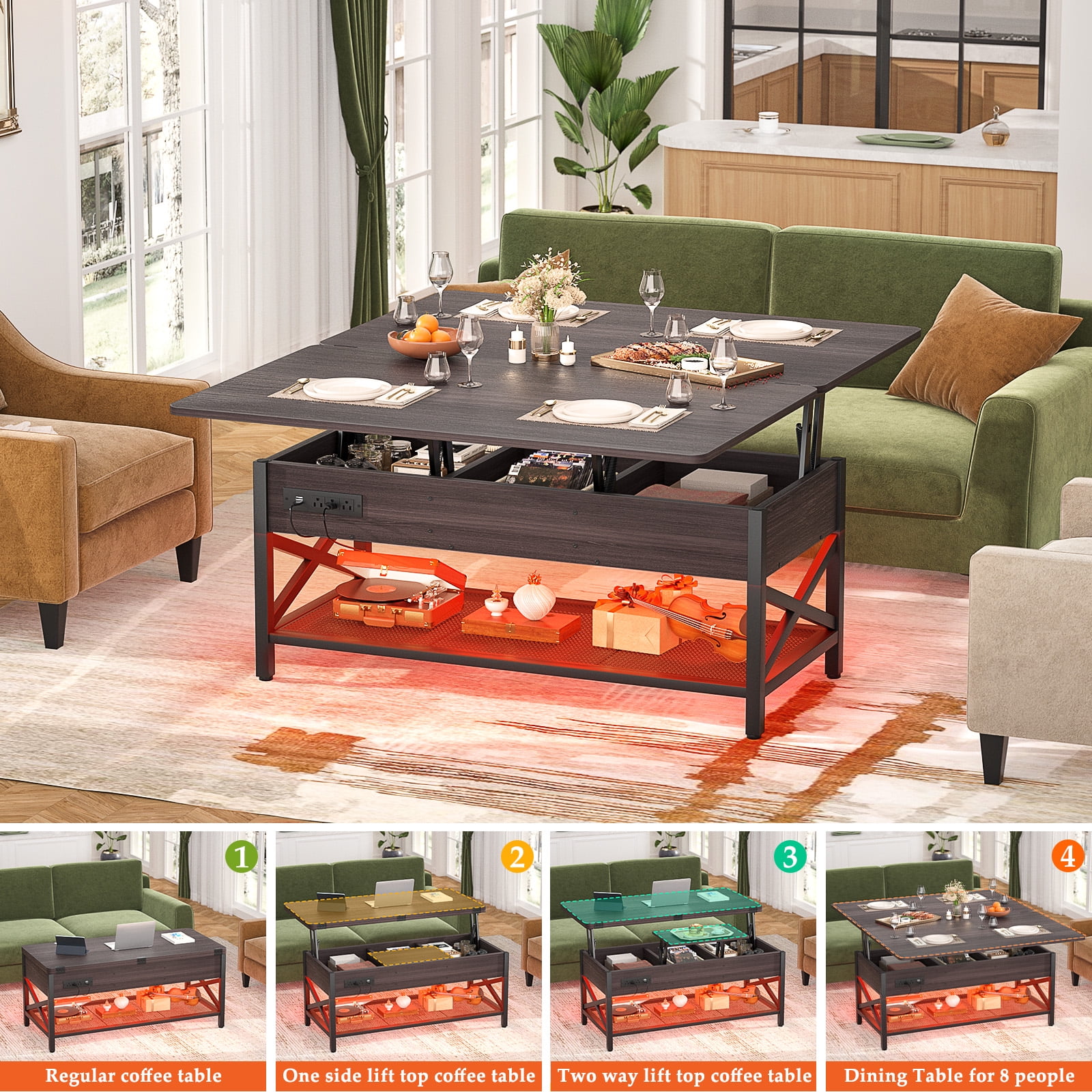 Homieasy Adjustable Height Lift-Top Coffee Table with LED Lighting ...