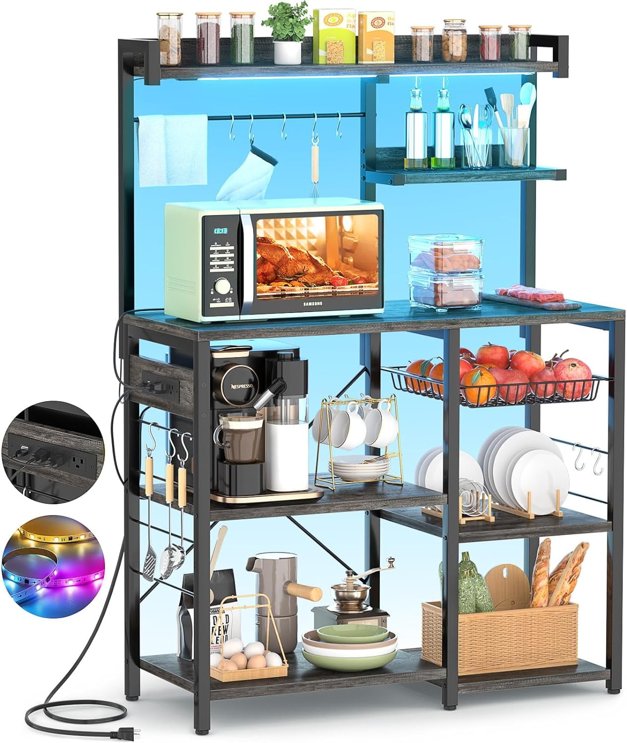 Homieasy Bakers Rack with Power Outlet and LED light strings, Microwave ...
