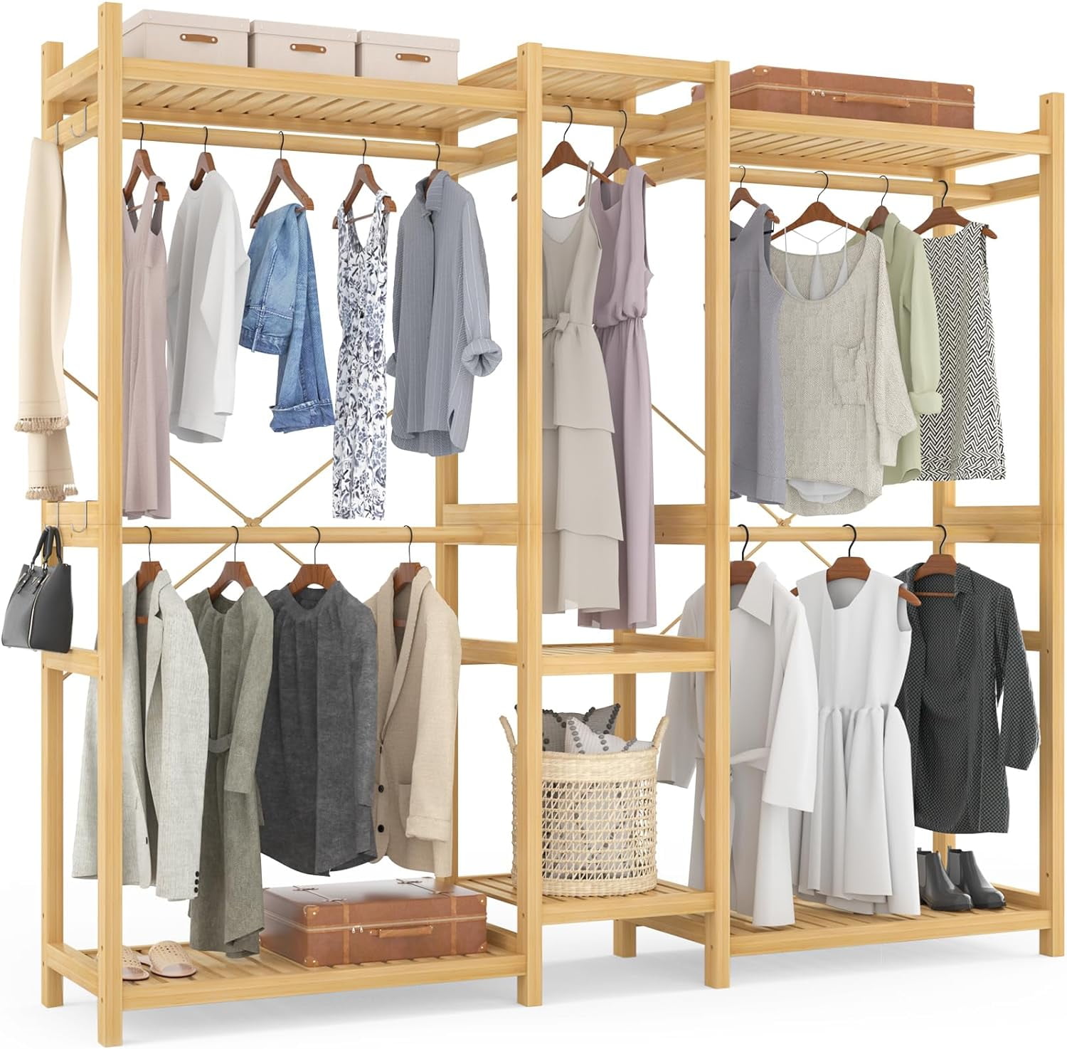 Homieasy Bamboo Closet System Clothes Rack, Large Freestanding Garment ...