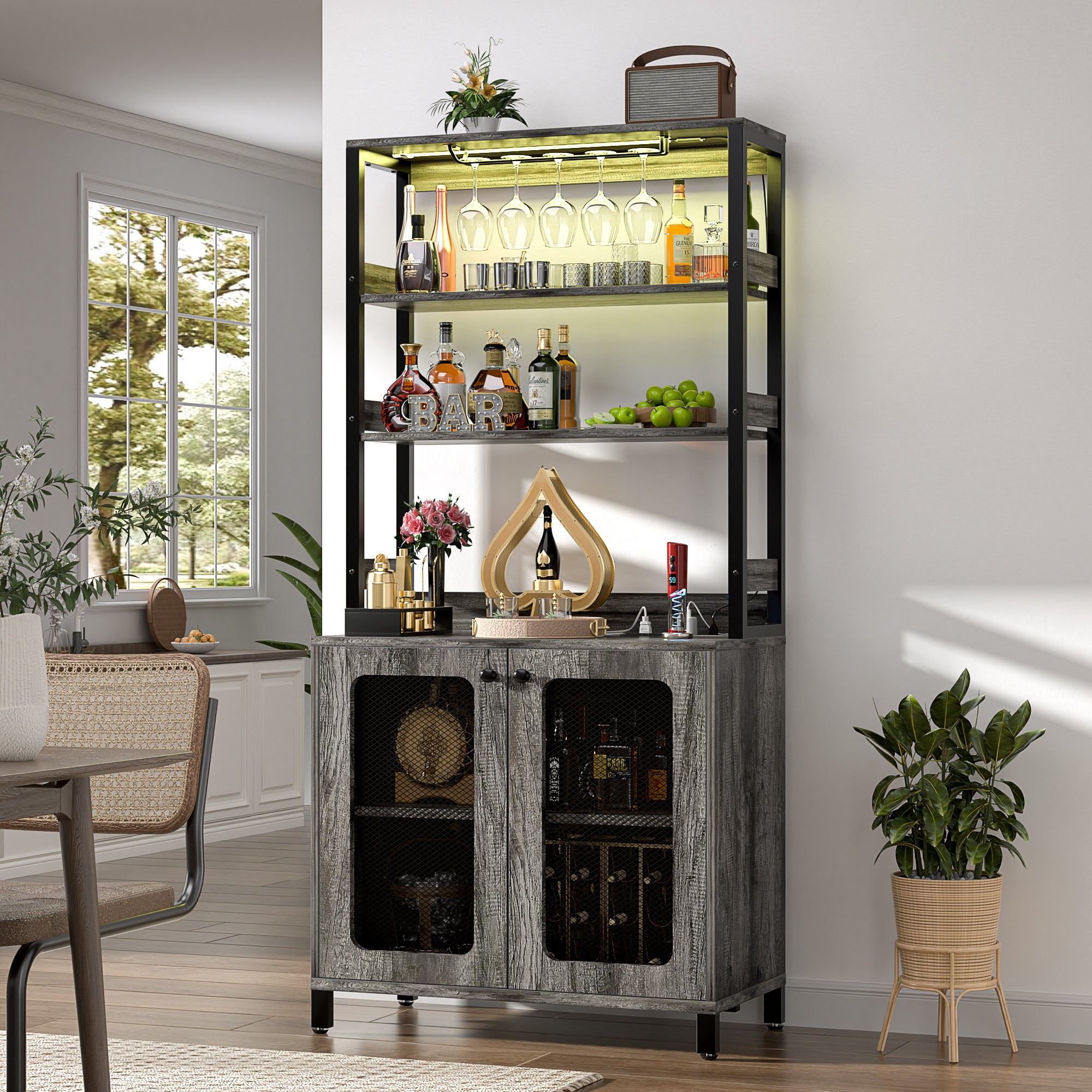 Homieasy Bar Cabinet with Power Outlets, 67" Tall Wine Cabinet Liquor ...