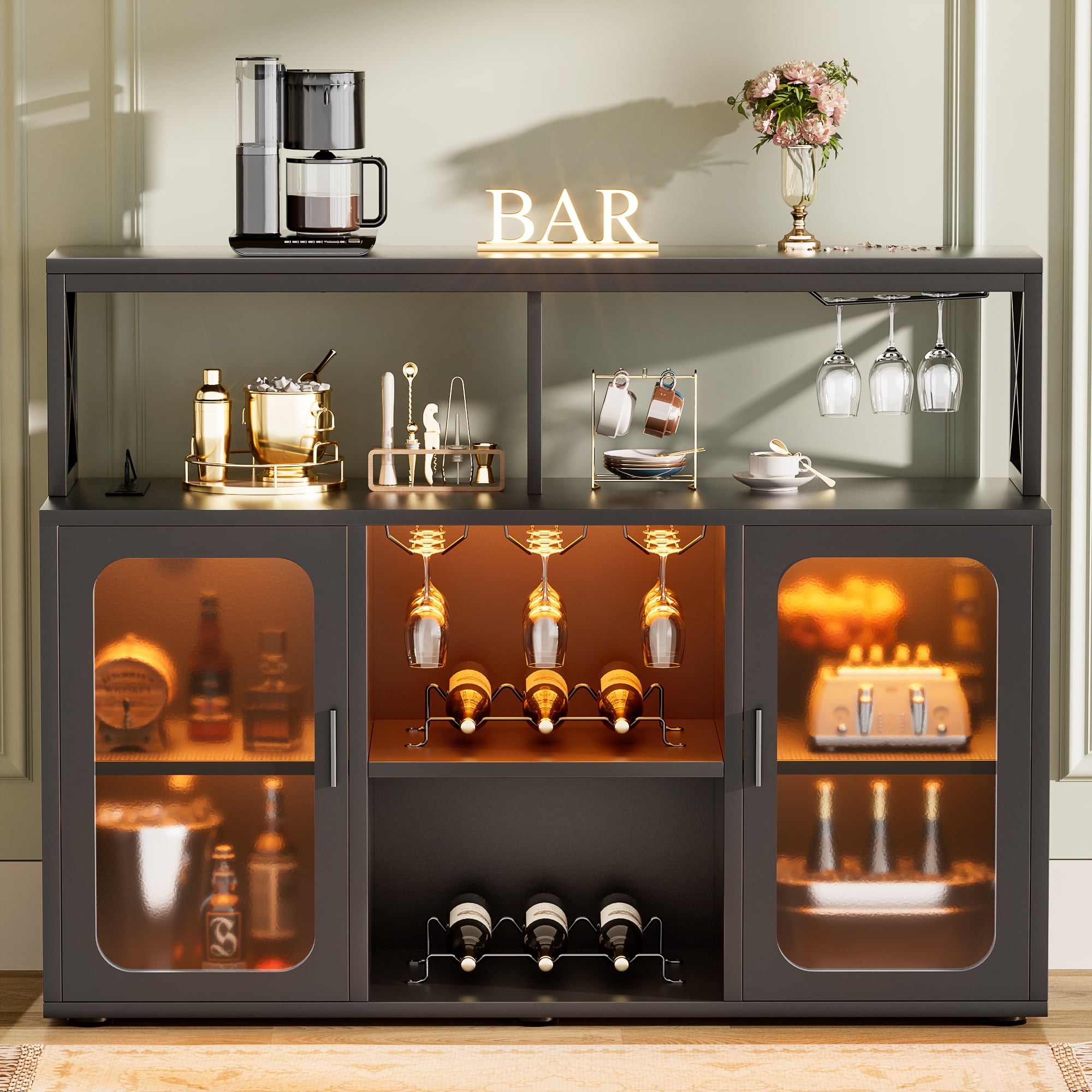 Homieasy Bar Cabinet with Power Outlets, LED Lights, Glass Holder, Wine ...