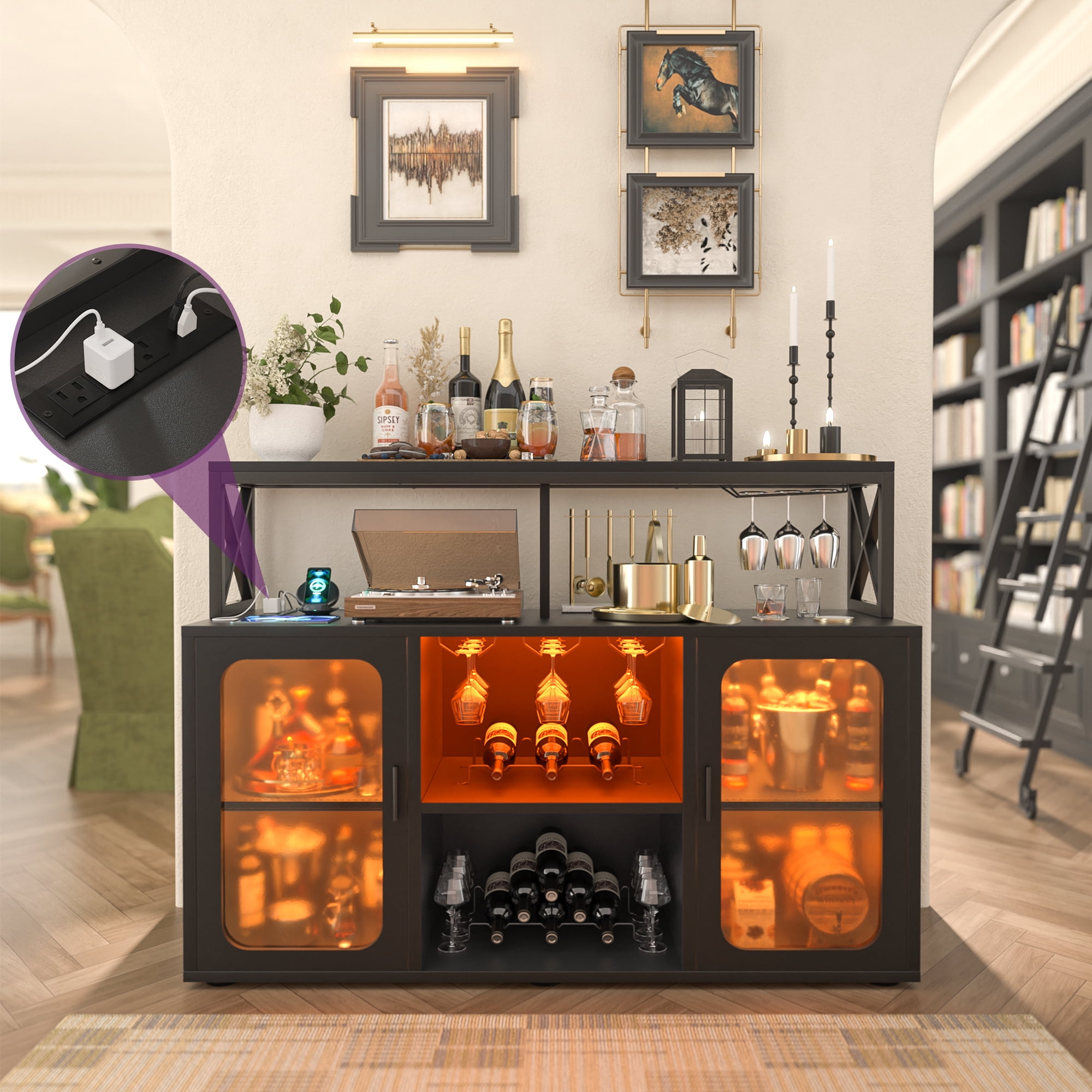 Homieasy Bar Cabinet with Power Outlets, LED Lights, Glass Holder, Wine ...