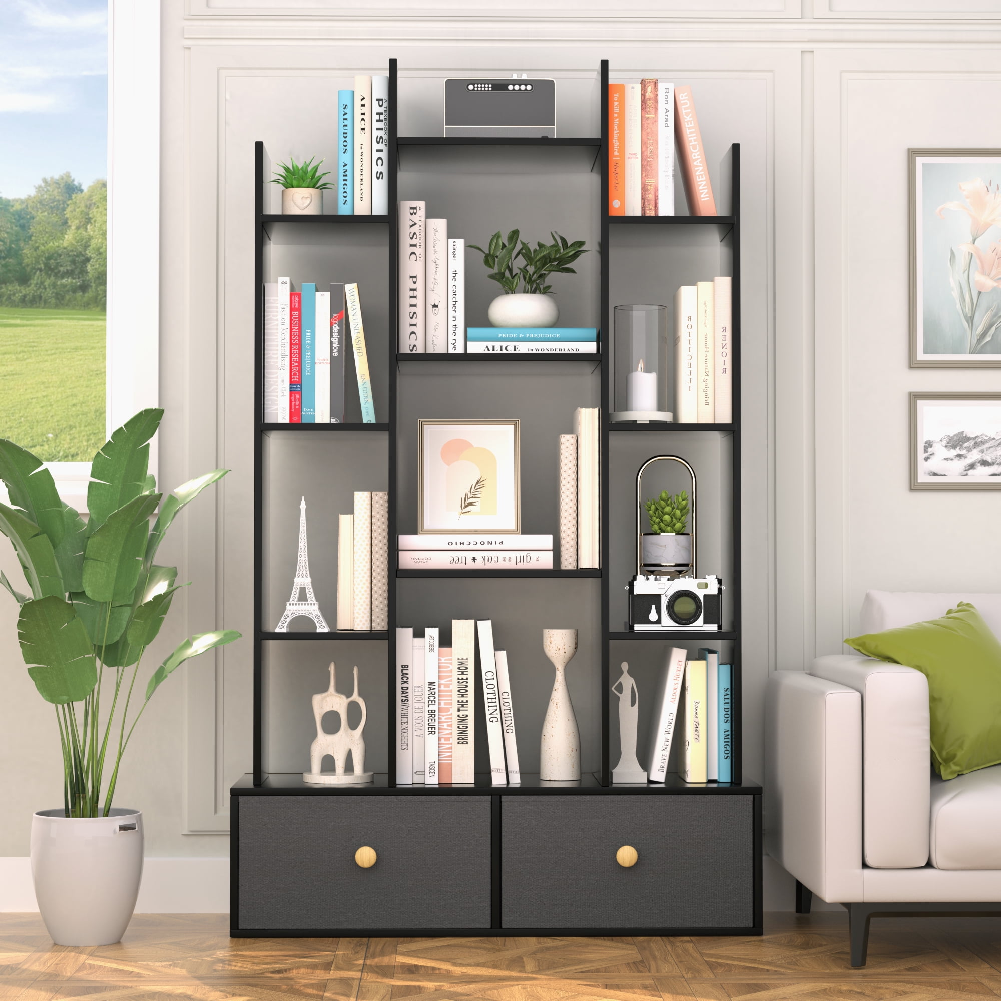 Homieasy Book Shelf with 2 Drawers Free Standing Bookcase, Office ...