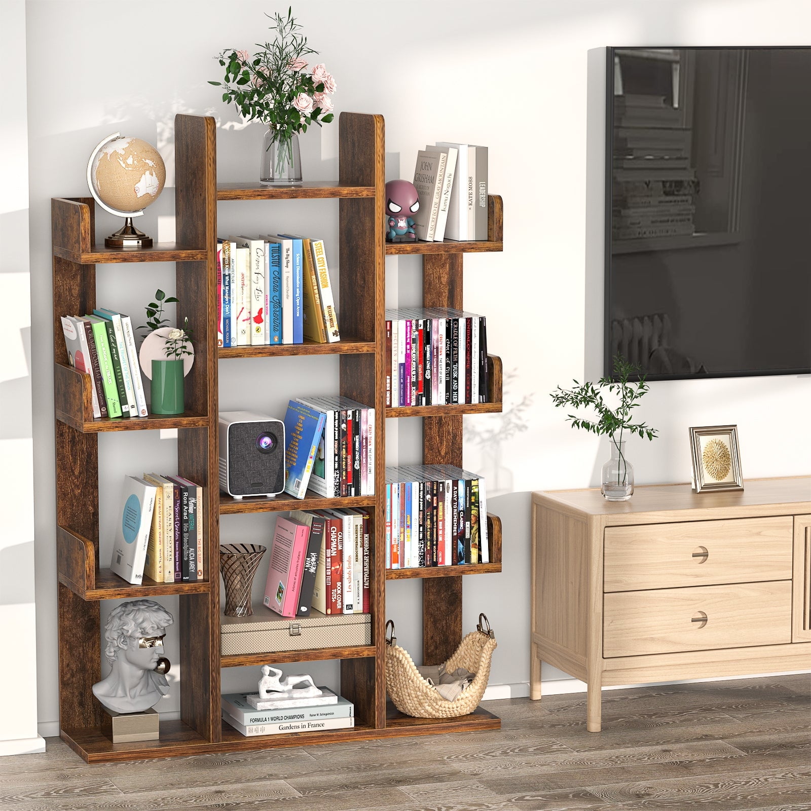 Homieasy Bookshelf, Wood Tree-Shaped Bookcase with 13 Open Storage ...