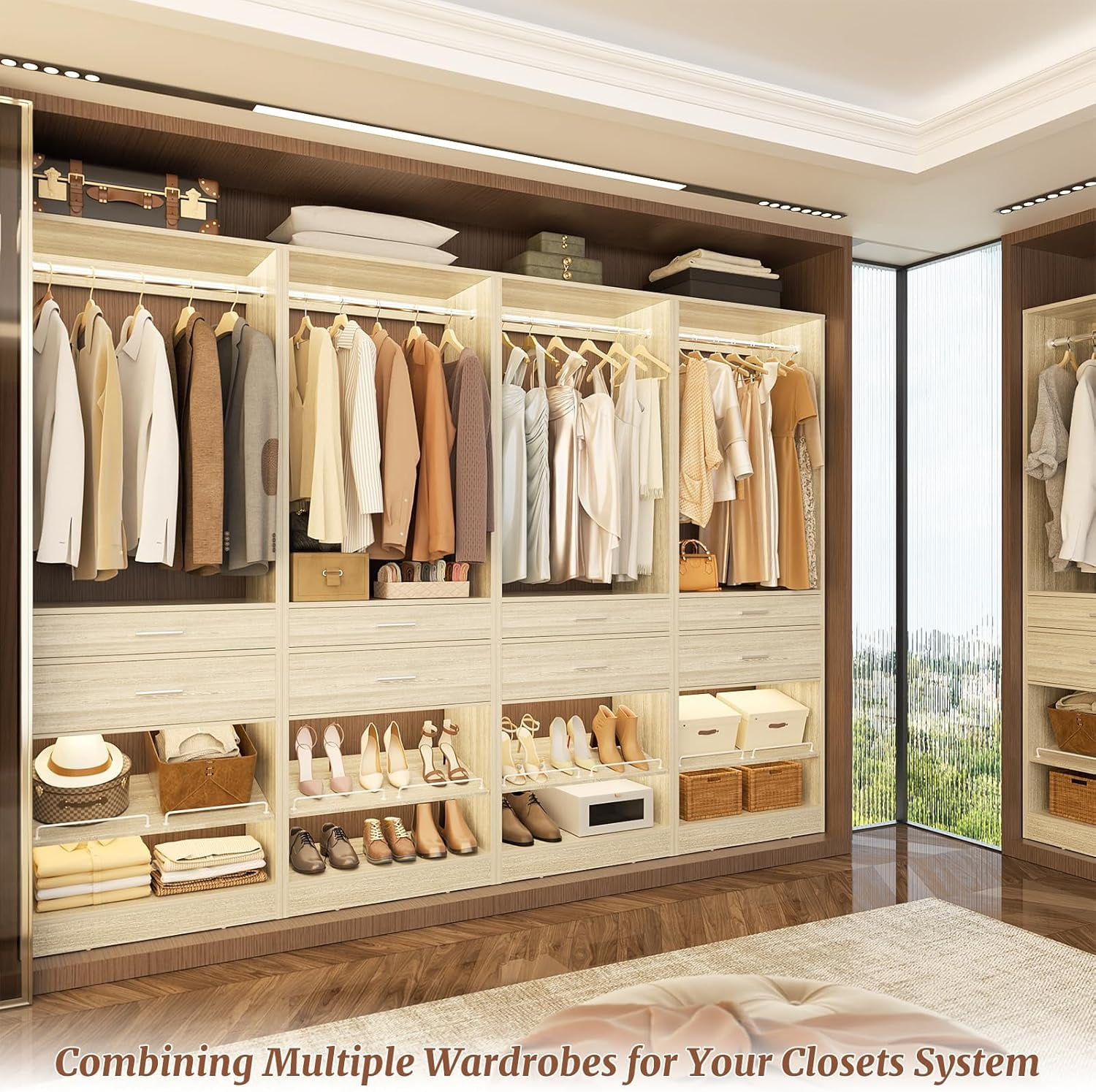 Homieasy Closet System with Wooden Drawers, Adjustable Angled Shoe Rack ...