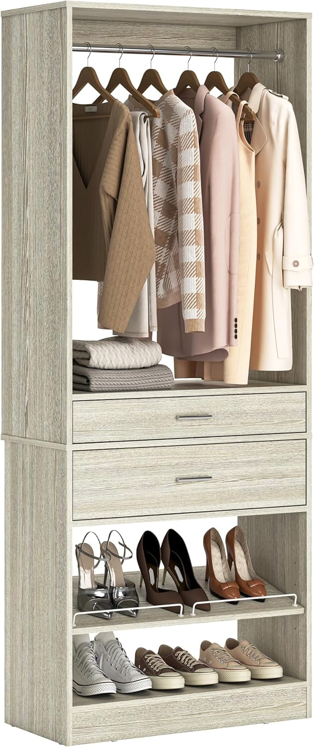Homieasy Closet Organizer Storage with Hanging Rod and 2 Wooden Drawers ...