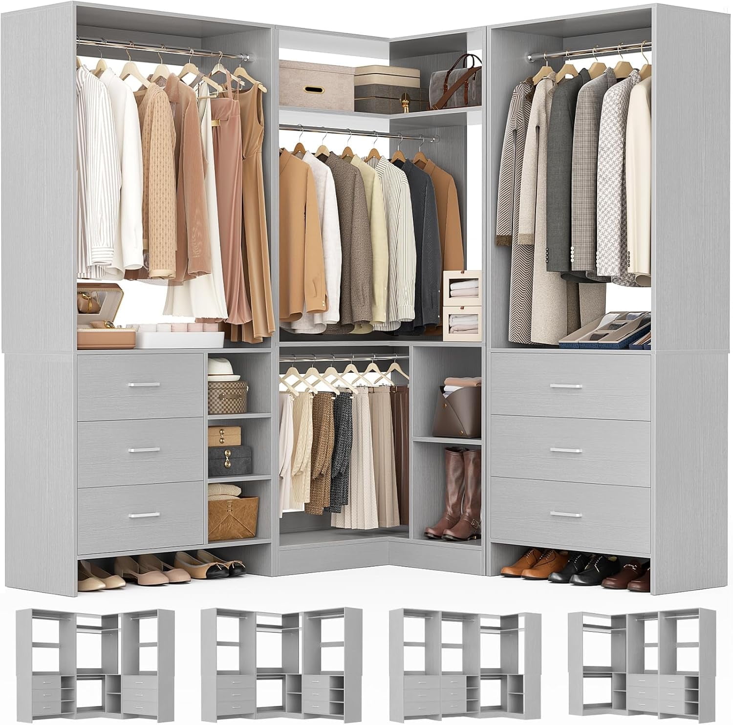 Homieasy Closet System with 3 Sets, 86.8" Closet Organizer System with 6 Drawers & 4 Hanging ...