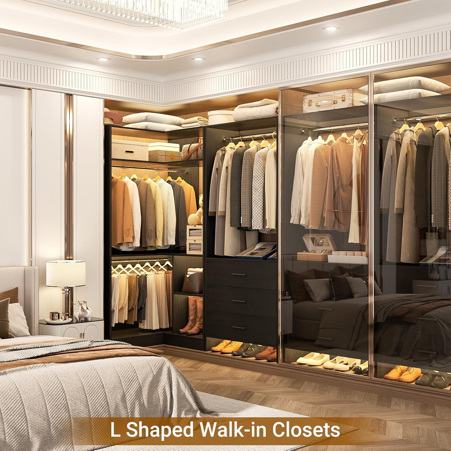 Homieasy Closet System with 3 Wooden Drawers, 3 Hanging Rods & Corner ...