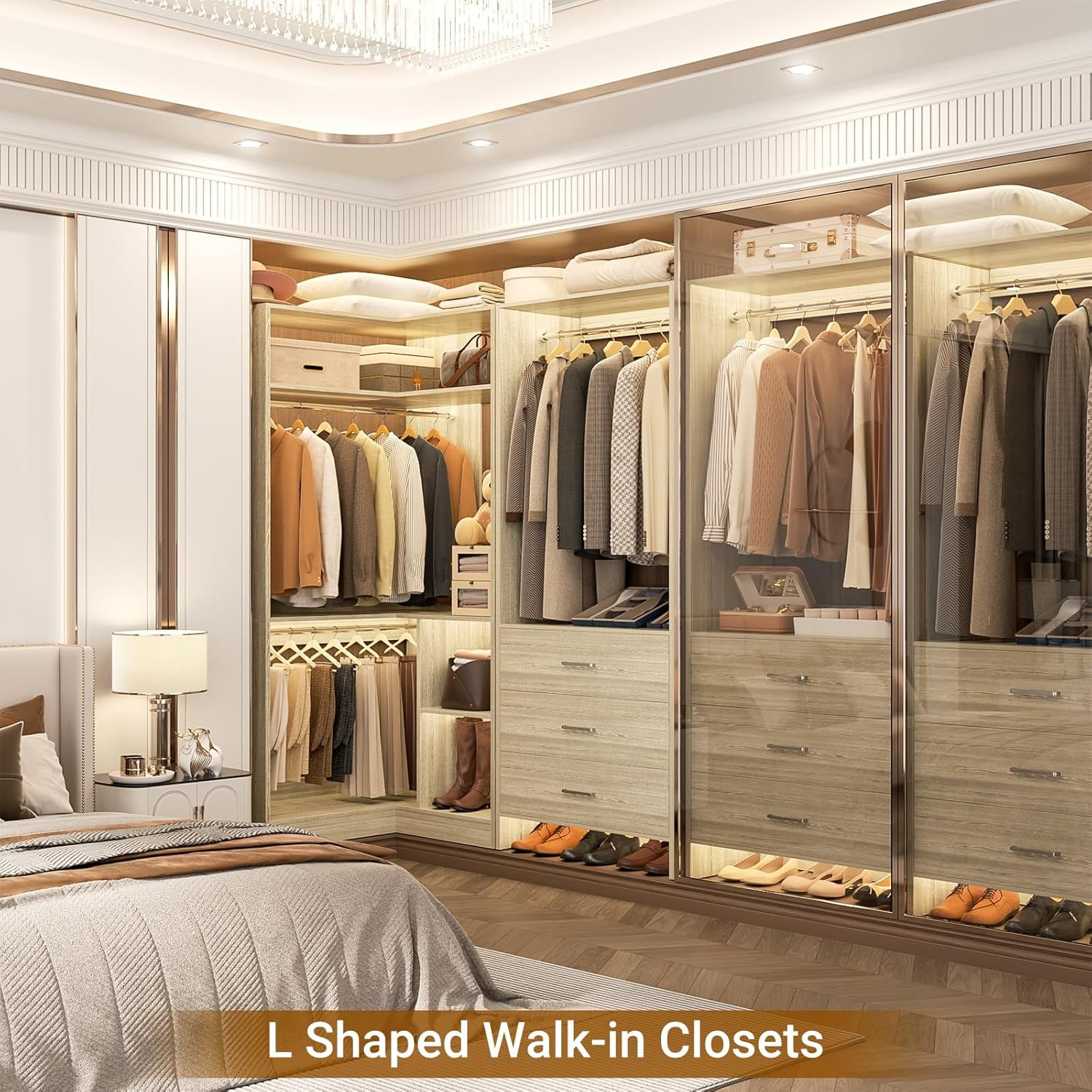 Homieasy Closet System with 3 Wooden Drawers, 3 Hanging Rods & Corner ...