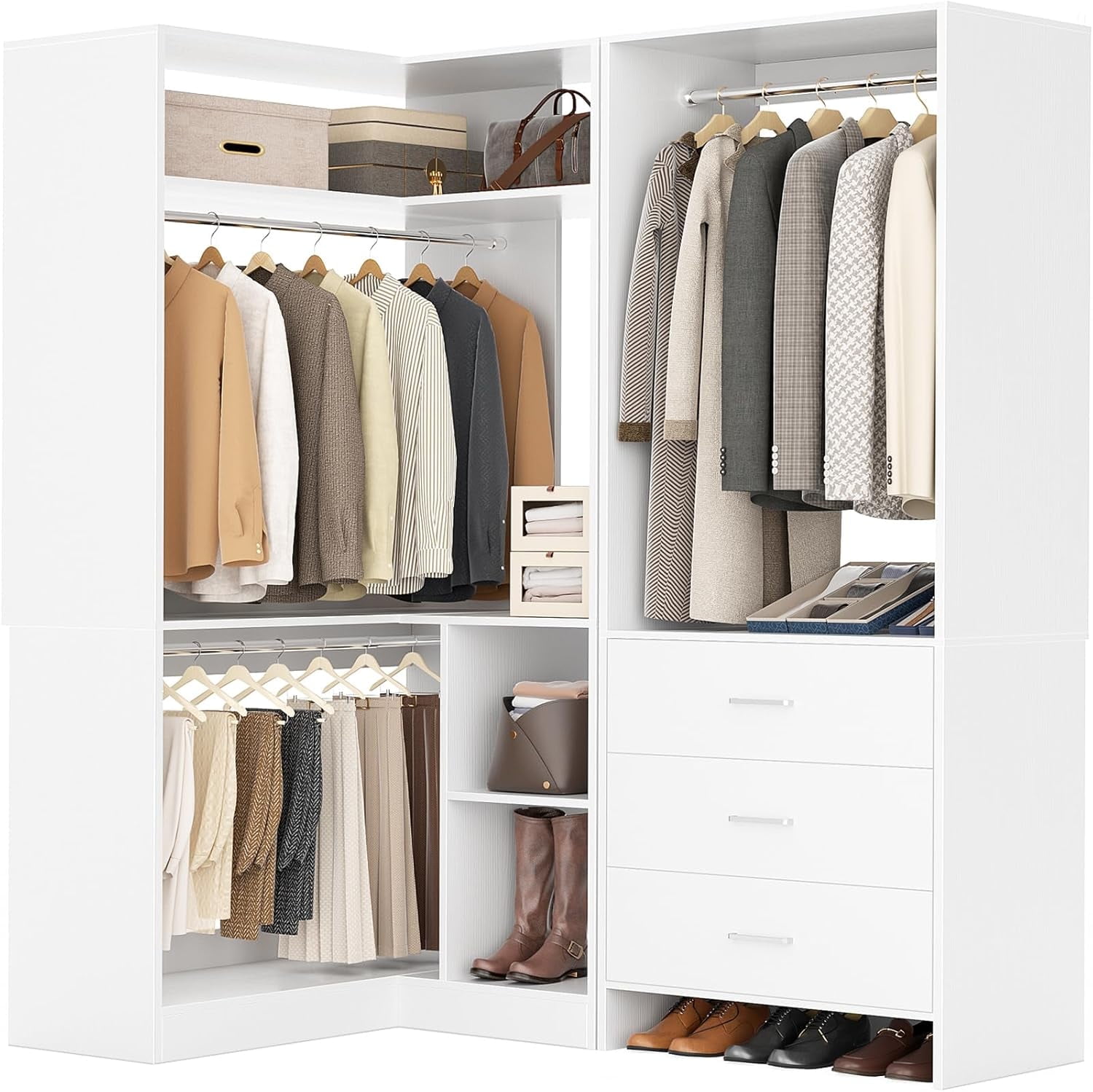 Homieasy Closet System with 3 Drawers, 2 Hanging Rods & Corner Tower ...