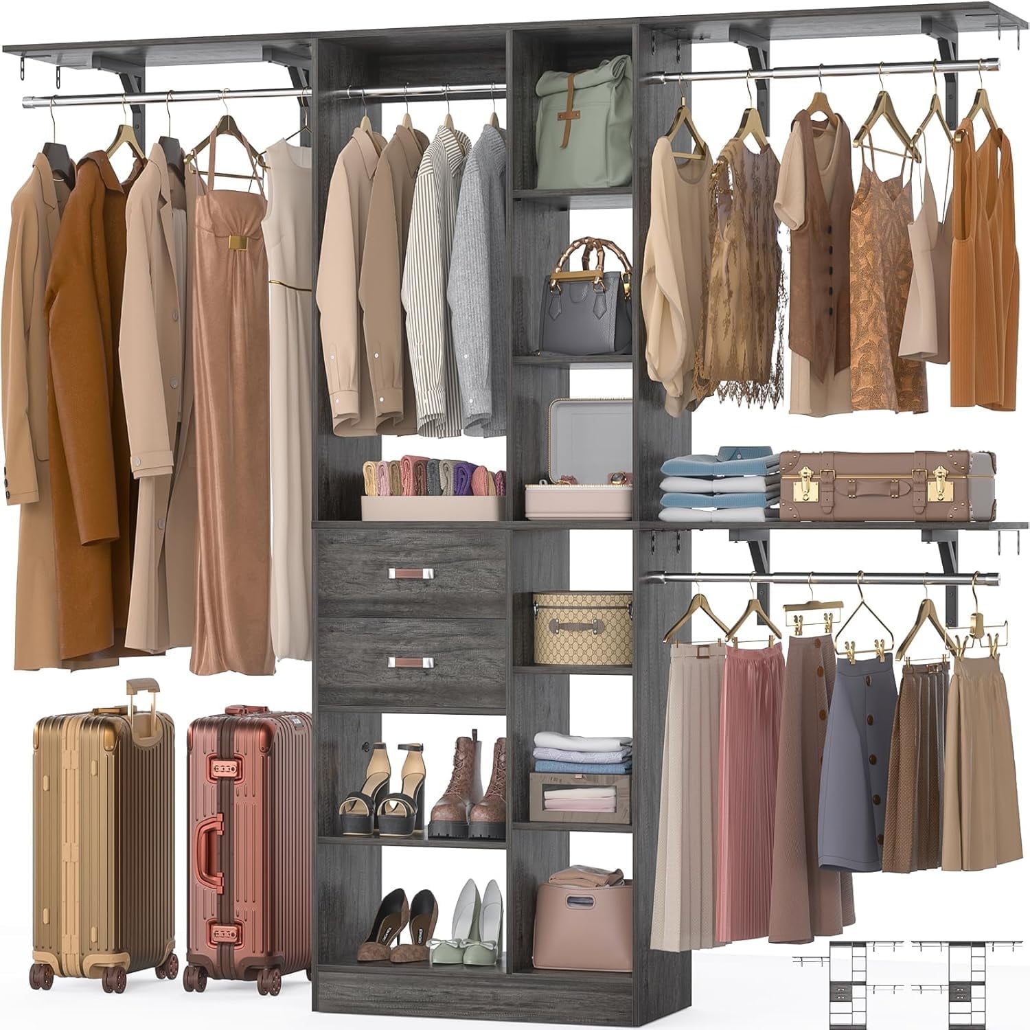 Homieasy Closet System, 8FT Closet Organizer System with 13 Shelves & 2 ...