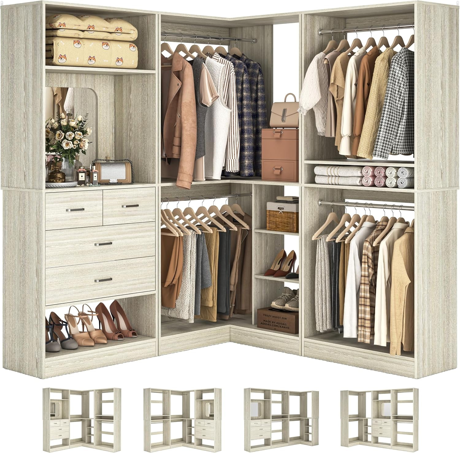 Homieasy Closet System with Drawers & Hanging Area, 4.7-6.8 ft L-Shaped ...