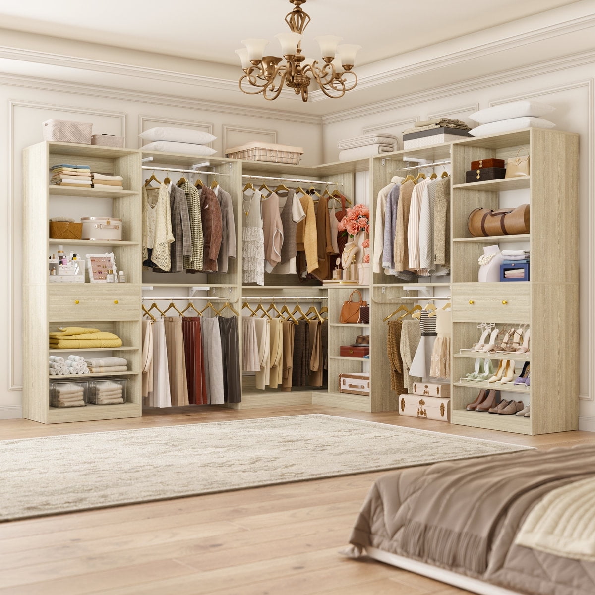Homieasy Closet system with 2 wooden drawers, 6 hanging rods and corner ...