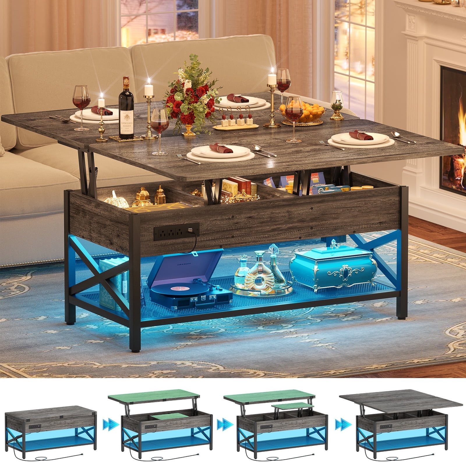Homieasy Convertible Coffee Table with LED Light, Power Outlet, and ...
