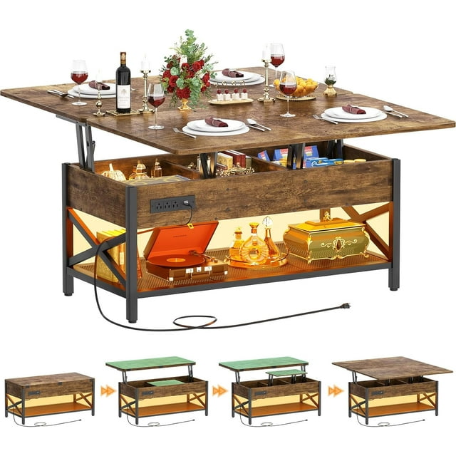 Homieasy Convertible Coffee Table with Storage, LED and Outlet ...