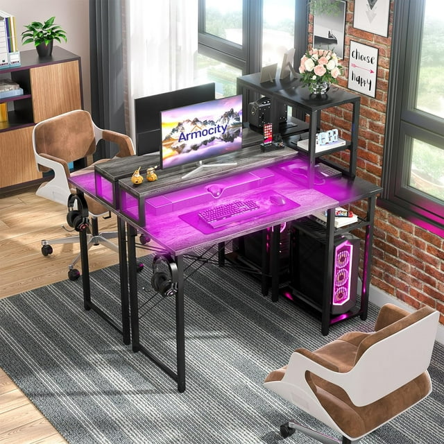 Homieasy 39'' Ergonomic Gaming Desk with LED, Monitor Stand, Power ...