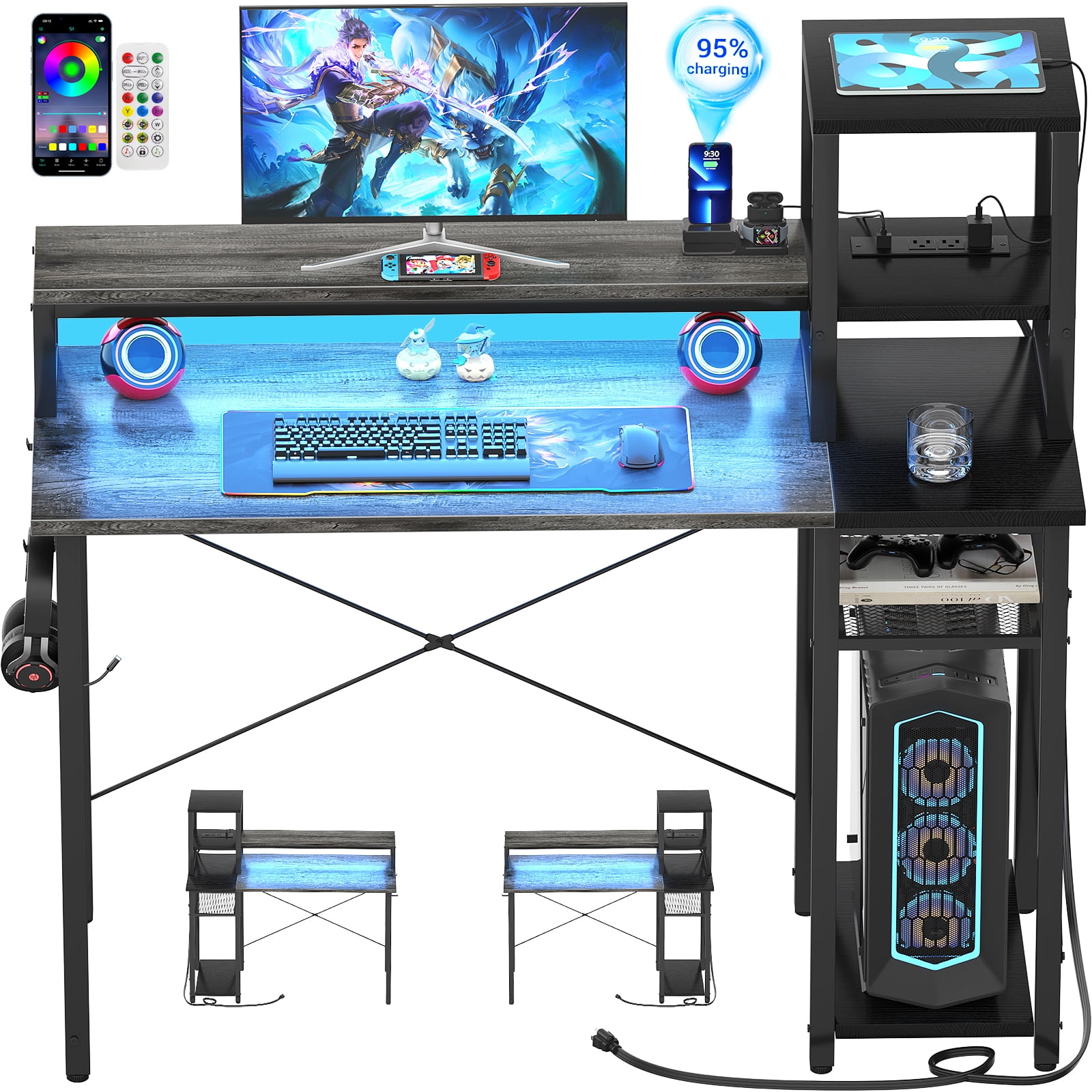 Homieasy Computer Desk with LED Strip and Monitor Stand, 39 inch ...