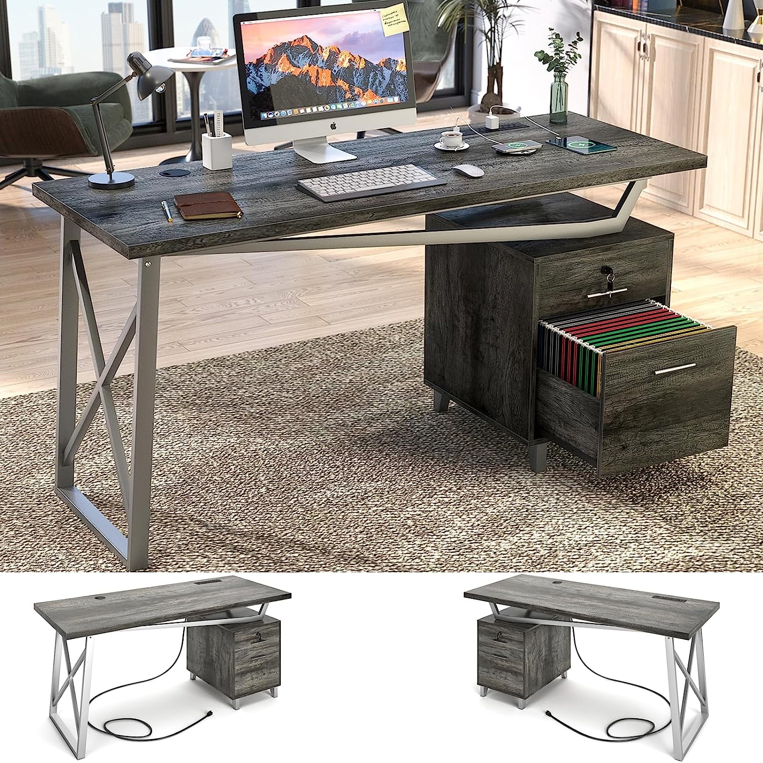 Homieasy 53 inch Computer Desk with Power Outlet, Reversible Home ...