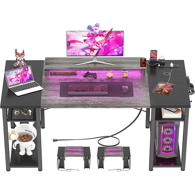 Homieasy 47'' Ergonomic Gaming Desk with USB Ports, Power Outlets, LED ...