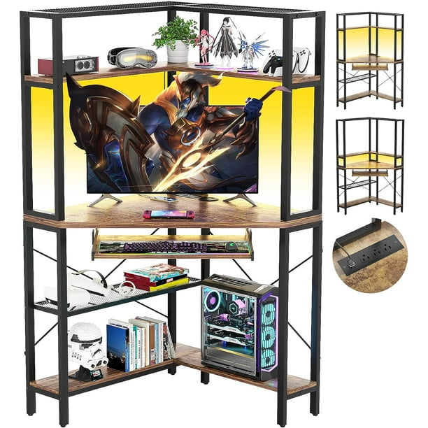 Homieasy Corner Computer Desk with Power Outlets & LED Light, Corner ...