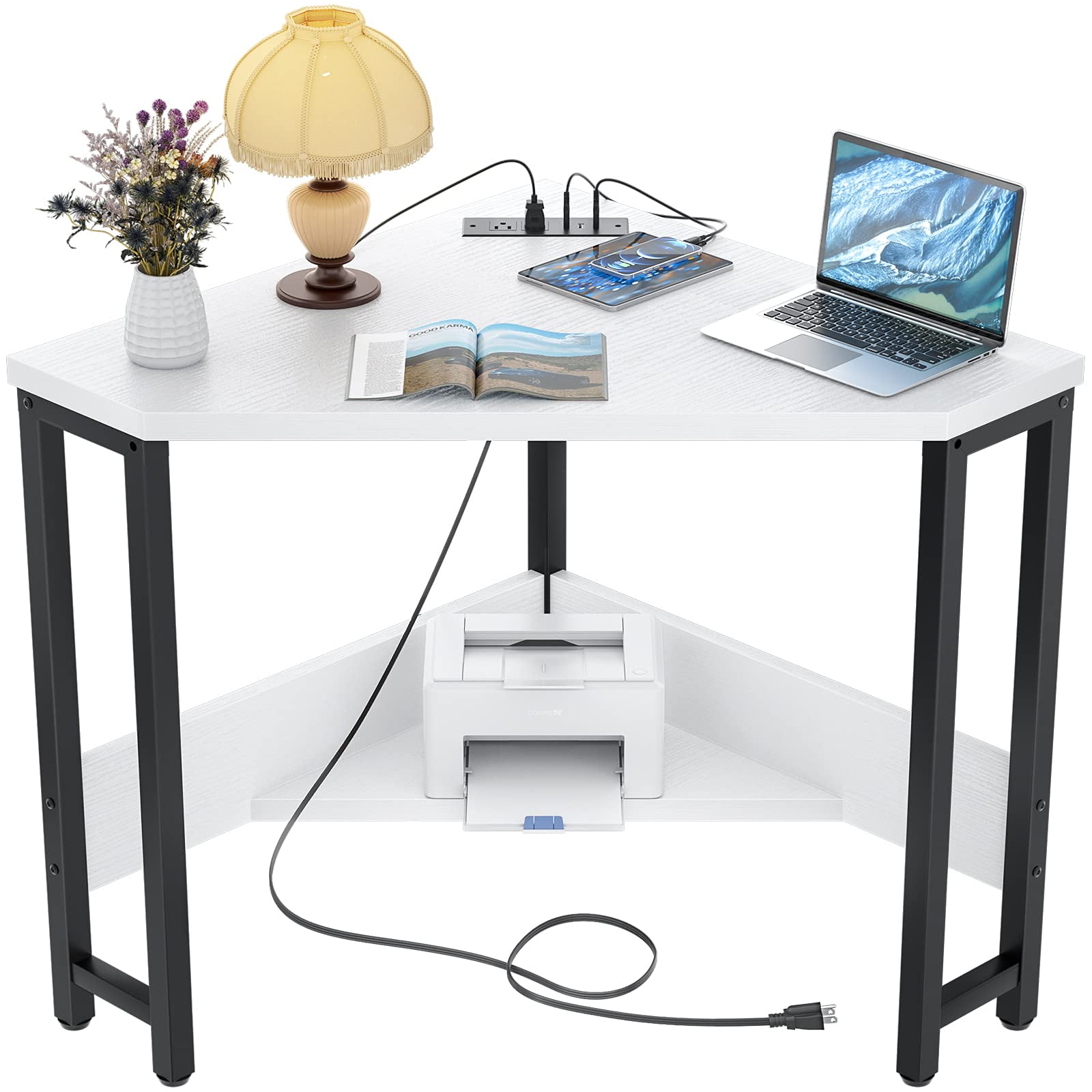 White, Homieasy Corner Desk with Power Outlet, USB Ports, and Storage ...