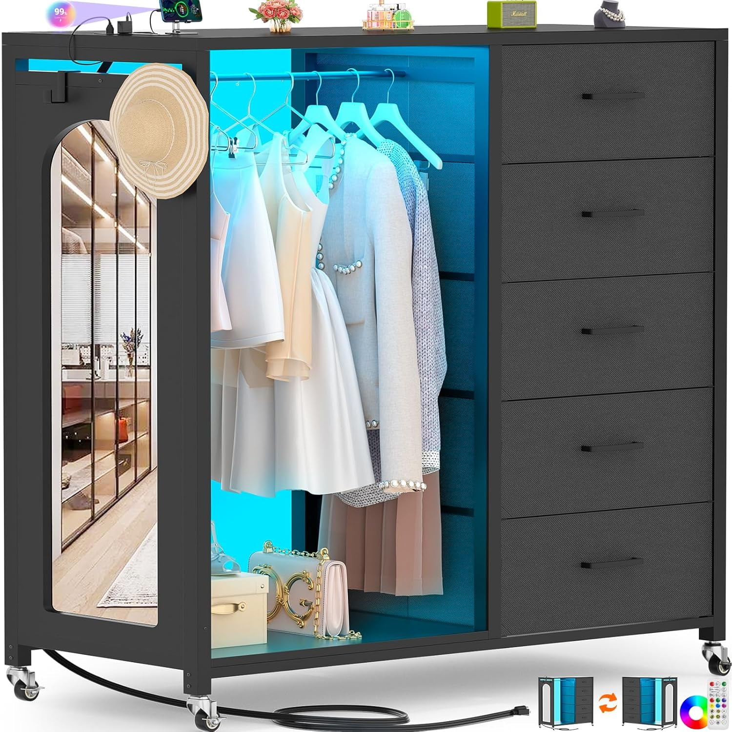 Homieasy Dresser for Bedroom with Clothes Rack & Mirror, Black 5 ...