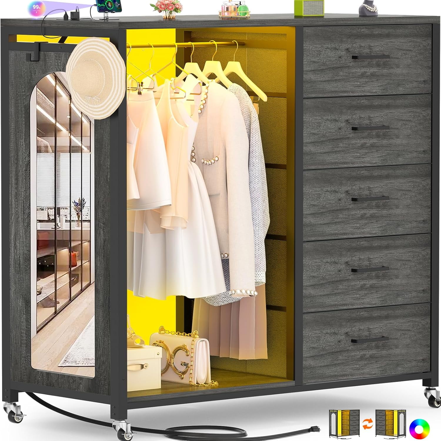 Homieasy Dresser for Bedroom with Clothes Rack & Mirror, Black 5 ...
