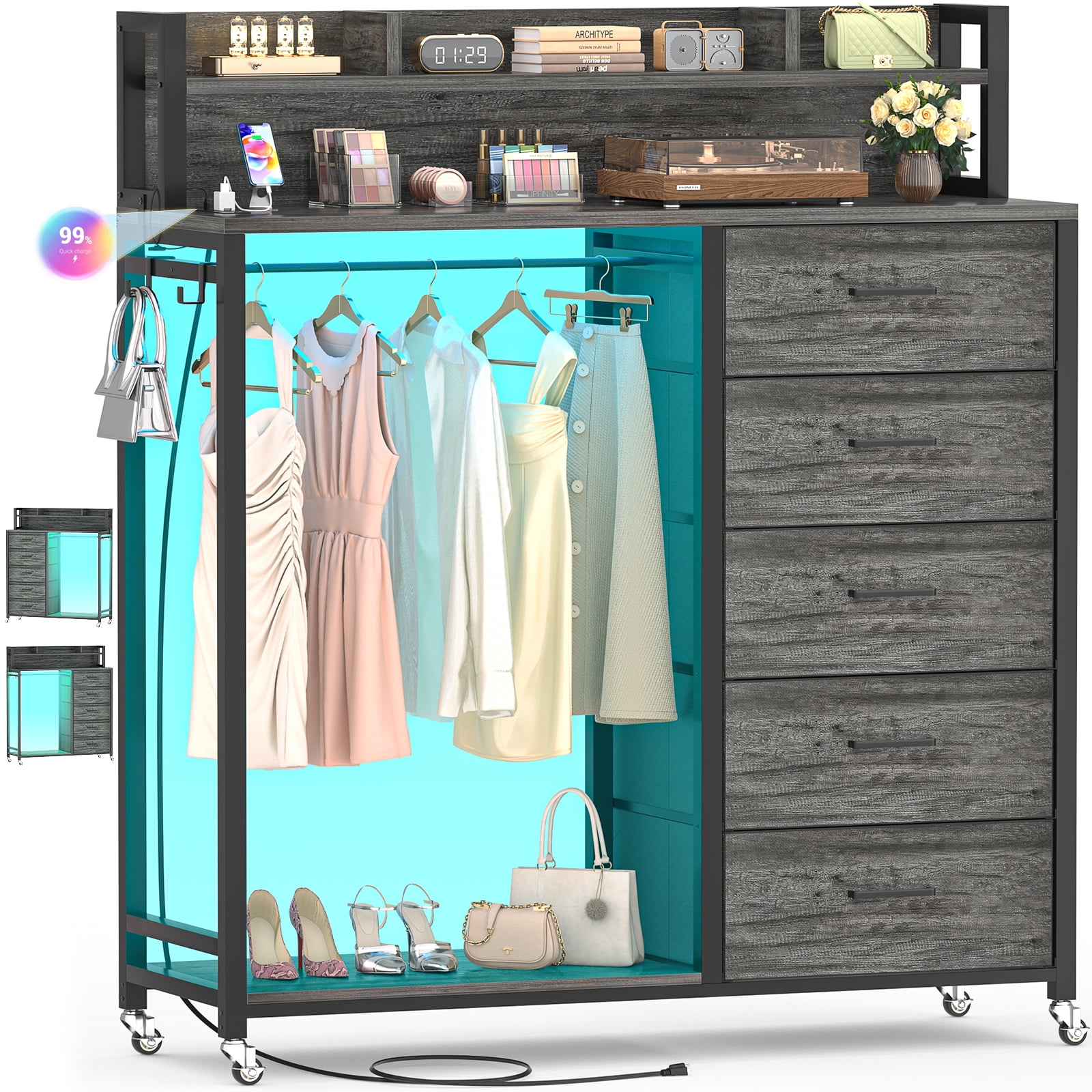 Homieasy Dresser for Bedroom with Clothes Rack & Shelves, 5 Drawers ...
