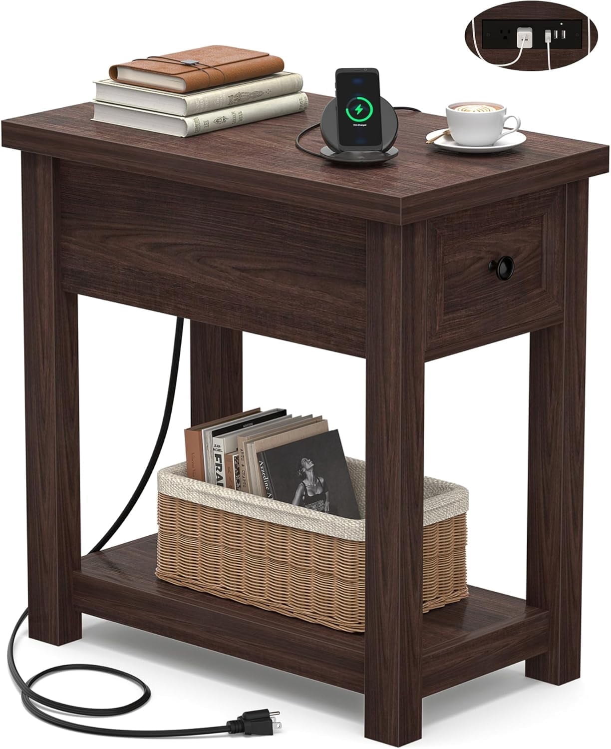 Homieasy Farmhouse Narrow End Table with Built-in Charging Station ...